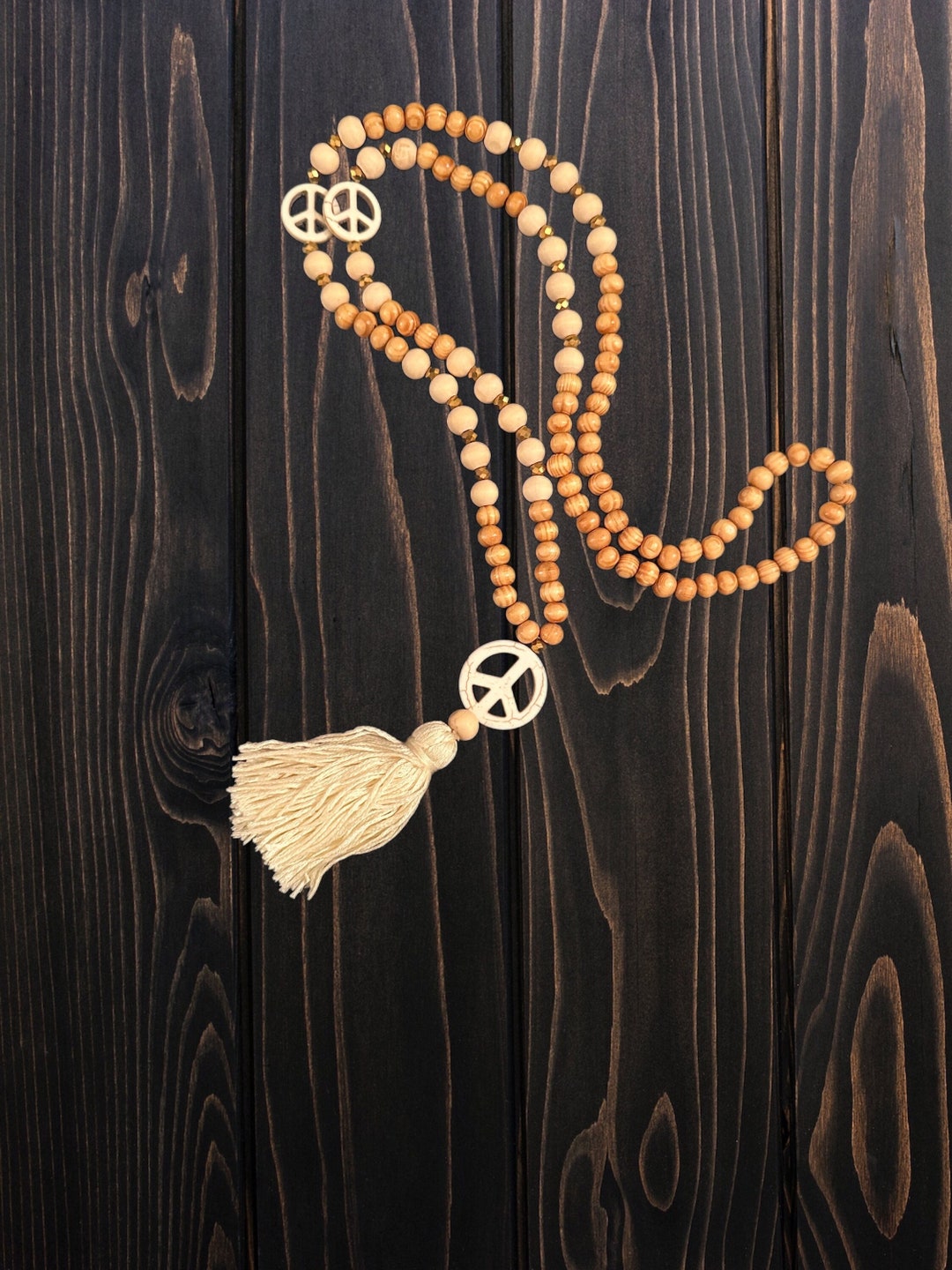 Luxury Wooden Long Boho Peace Sign Beaded Necklace, Tassel Pendant ...