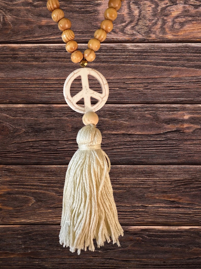 Luxury Wooden Long Boho Peace Sign Beaded Necklace, Tassel Pendant ...