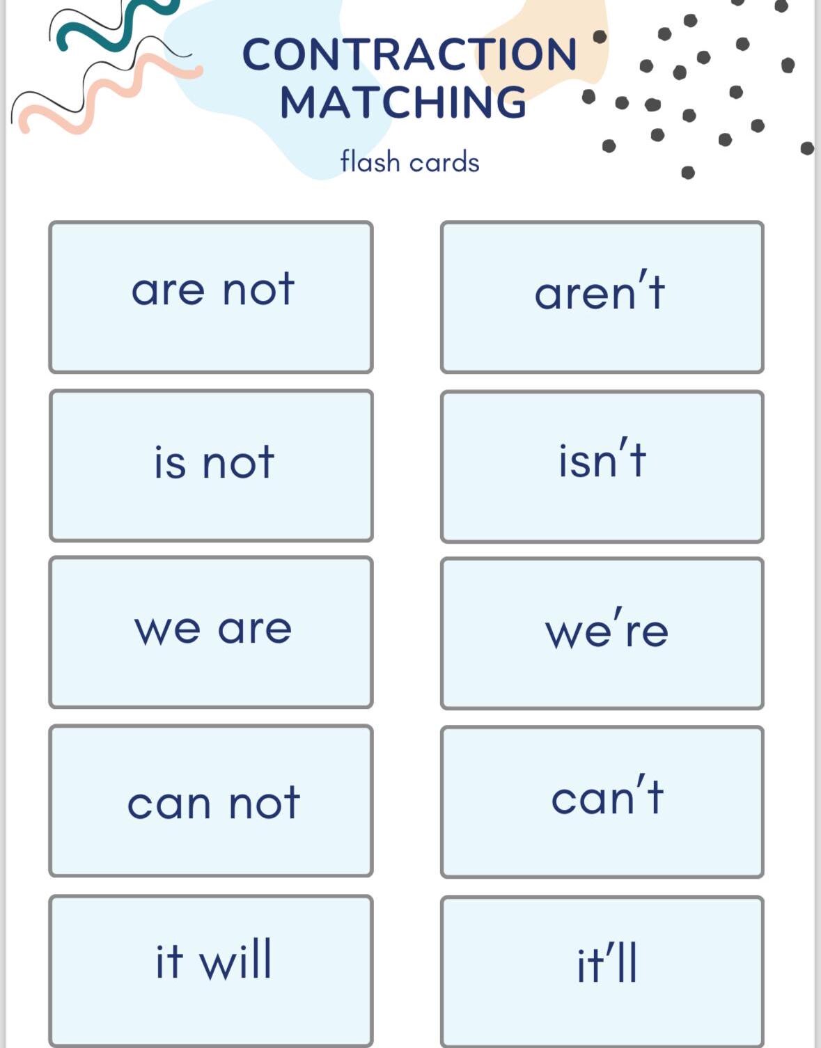 English Grammar Skills Made Fun, Contraction Matching Flashcard Game ...