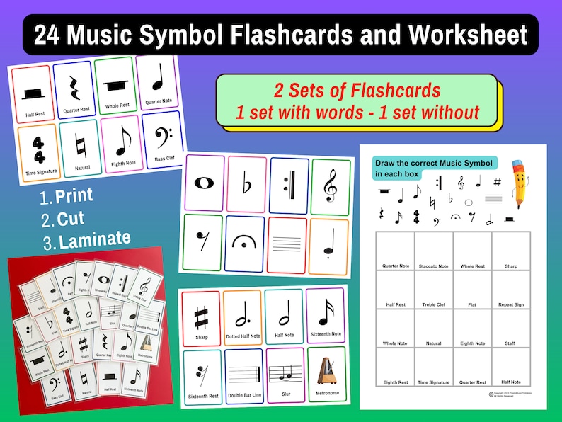 24 Music Symbol Flashcards and Draw the Music Symbol Worksheet - A Fun ...