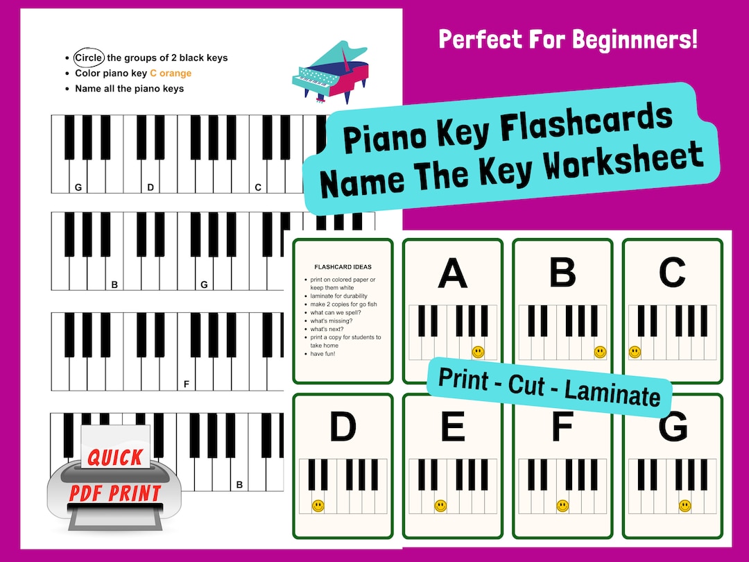 Piano Key Flashcards, Name the Piano Keys Worksheet, Beginner Piano ...