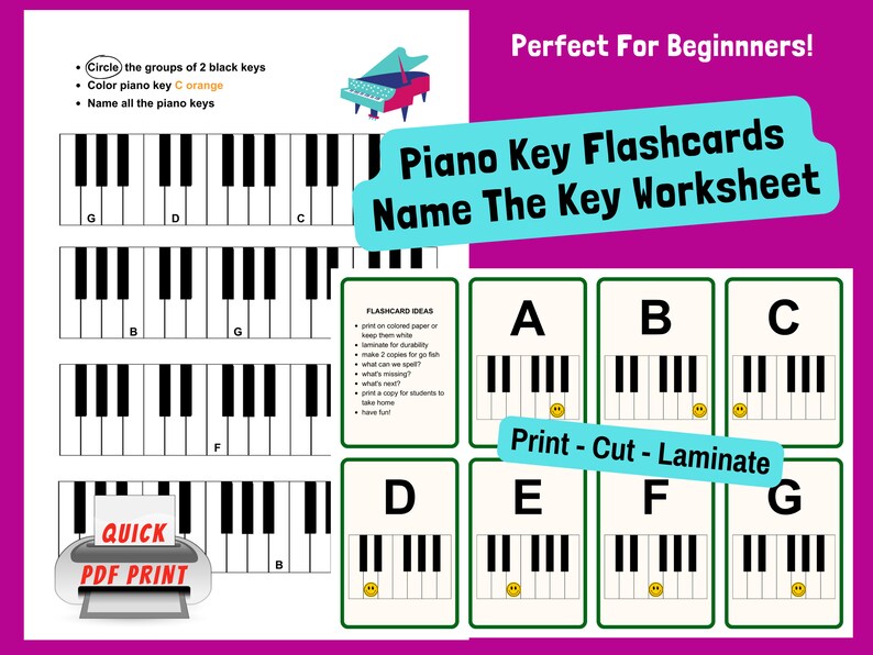 Piano Key Flashcards, Name the Piano Keys Worksheet, Beginner Piano ...