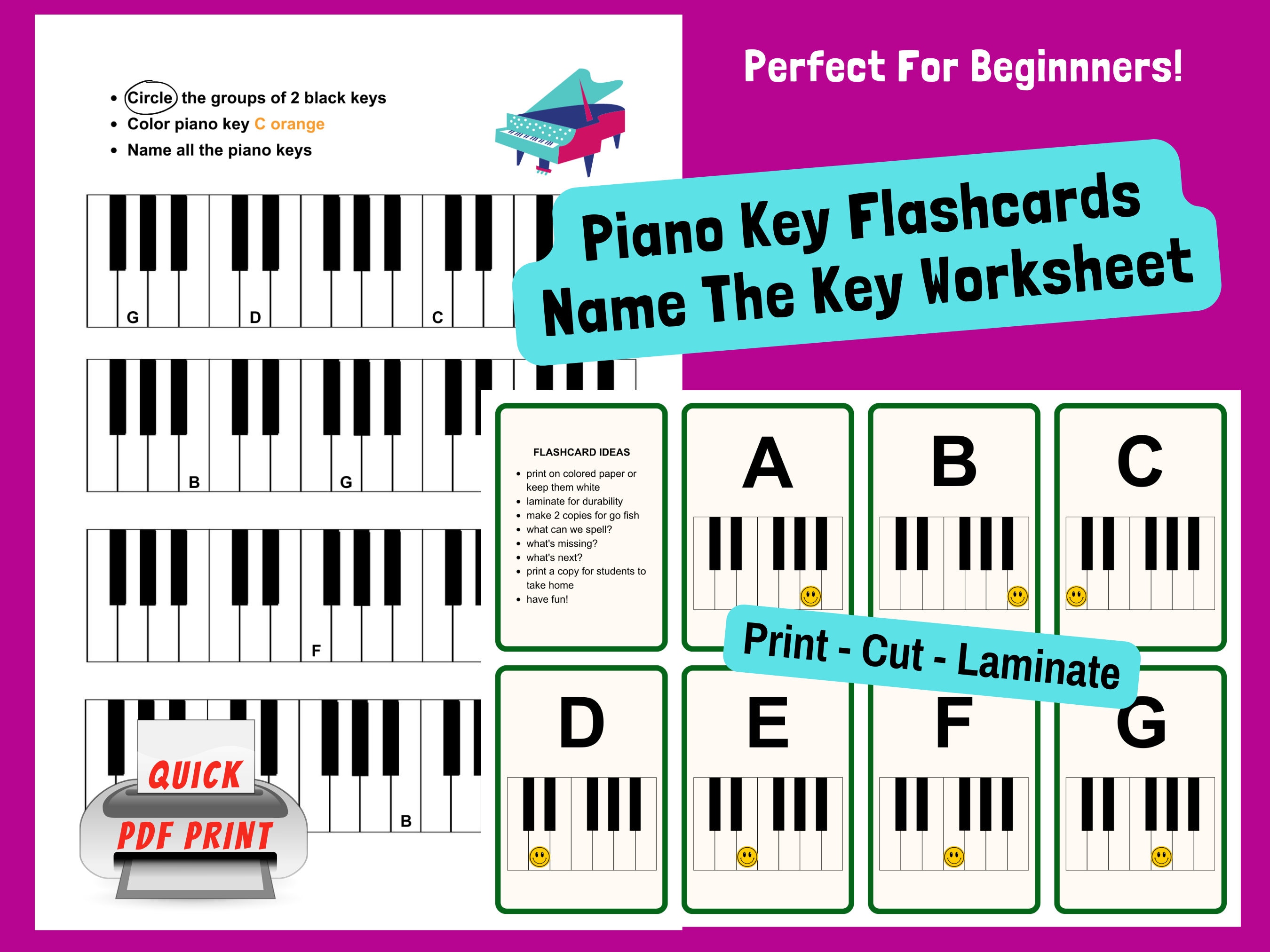 Piano Key Flashcards, Name the Piano Keys Worksheet, Beginner Piano ...