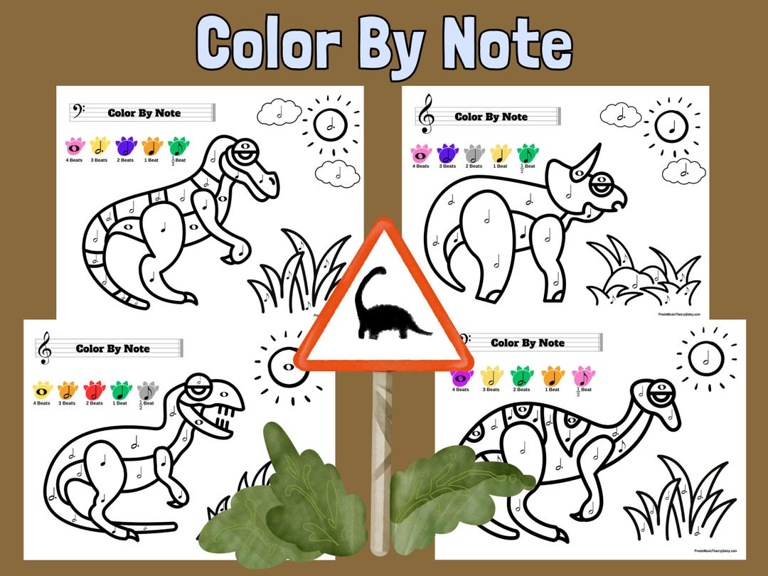 Music Color by Note, Dinosaur Color by Note, Color by Time Values, Kids ...
