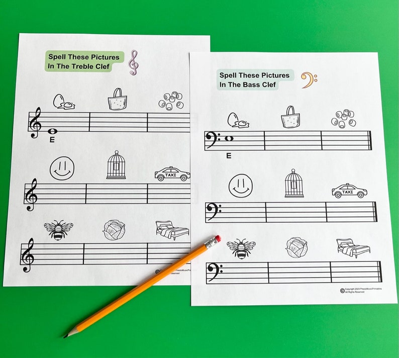Reading Music Notes, Spell the Pictures, Treble Clef and Bass Clef Note ...