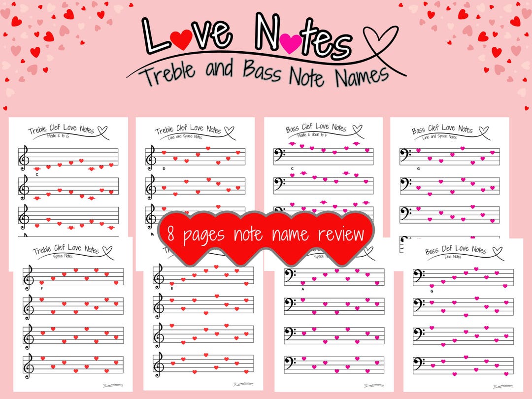 Valentine Music Note Name Worksheets, Valentine Note Names, Treble and ...