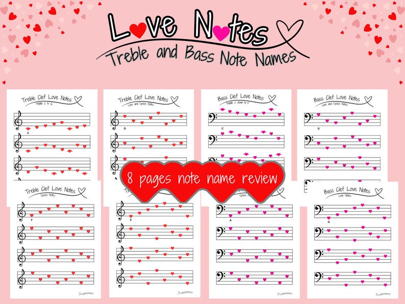 Valentine Music Note Name Worksheets, Valentine Note Names, Treble and ...