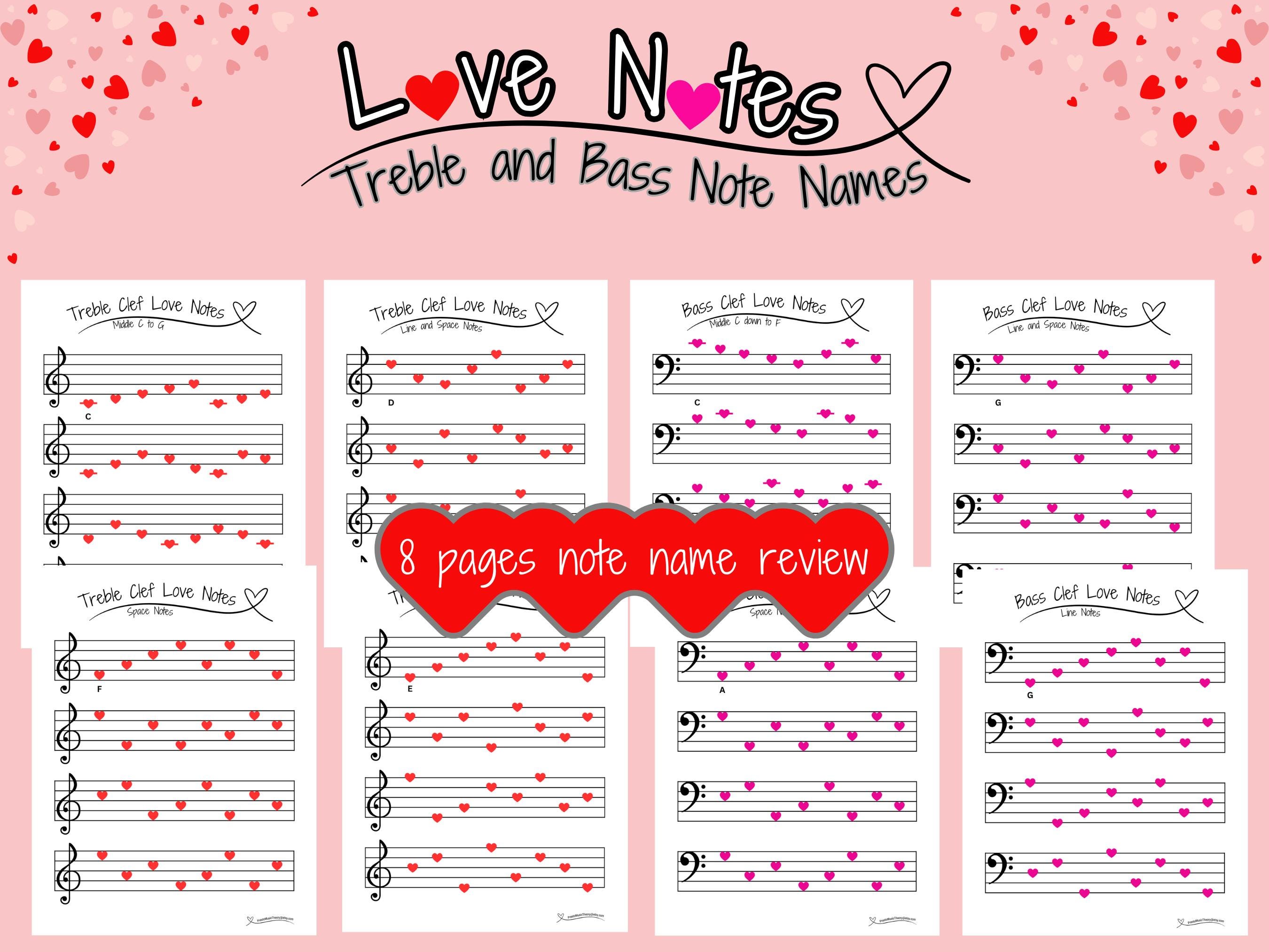 Valentine Music Note Name Worksheets, Valentine Note Names, Treble and ...