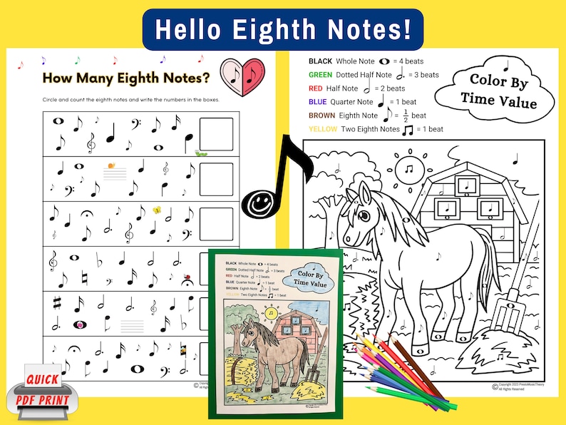 Eighth Notes and Color by Time Value, Fun Intro Review of Eighth Notes ...