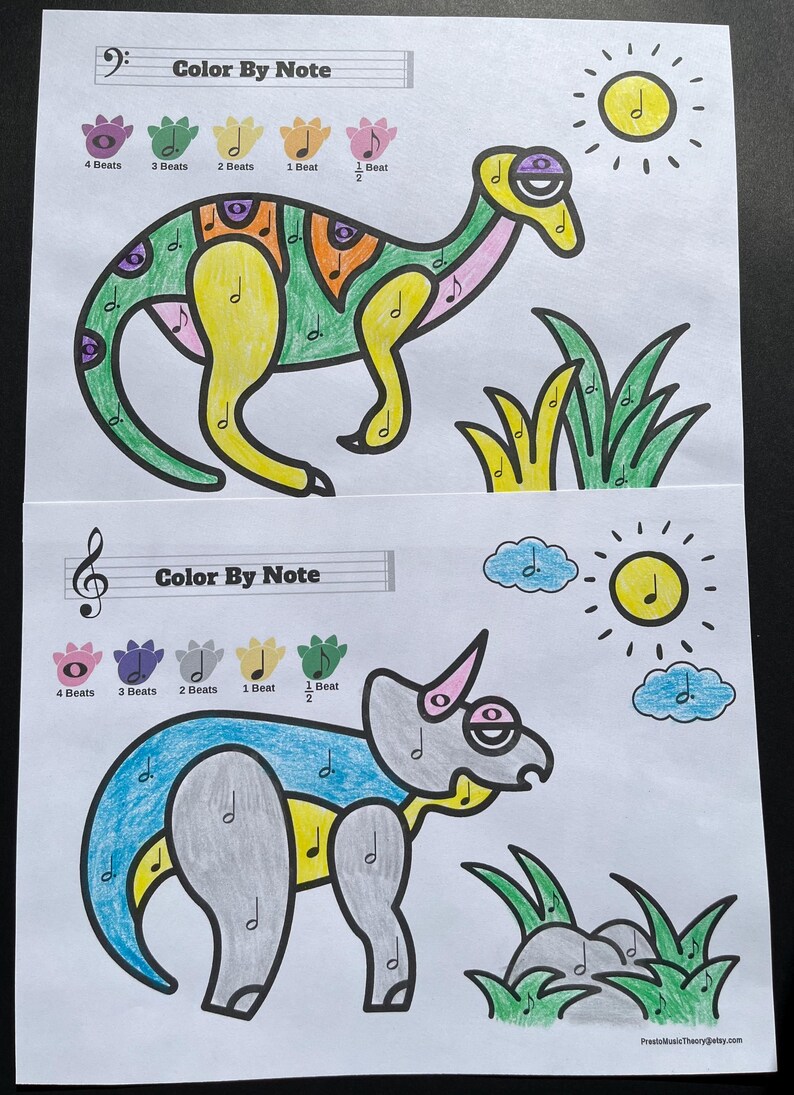 Music Color by Note, Dinosaur Color by Note, Color by Time Values, Kids ...