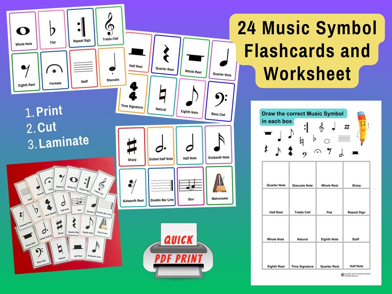 24 Music Symbol Flashcards and Draw the Music Symbol Worksheet - Etsy