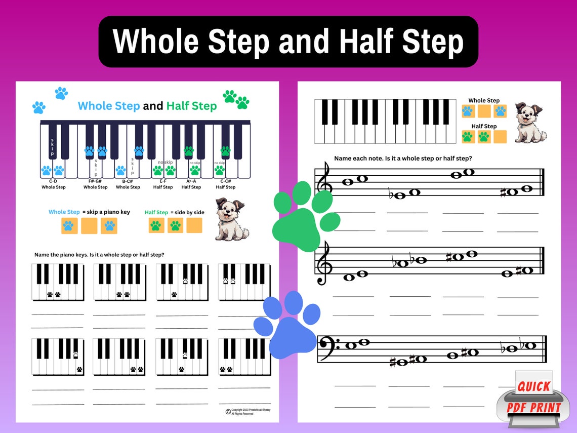 Whole Step and Half Step, Step and Skip, Piano Semitone and Whole Tone ...