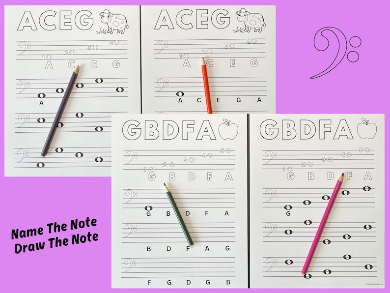 Music Note Name Worksheets to Color, Learning Treble Clef and Bass Clef ...