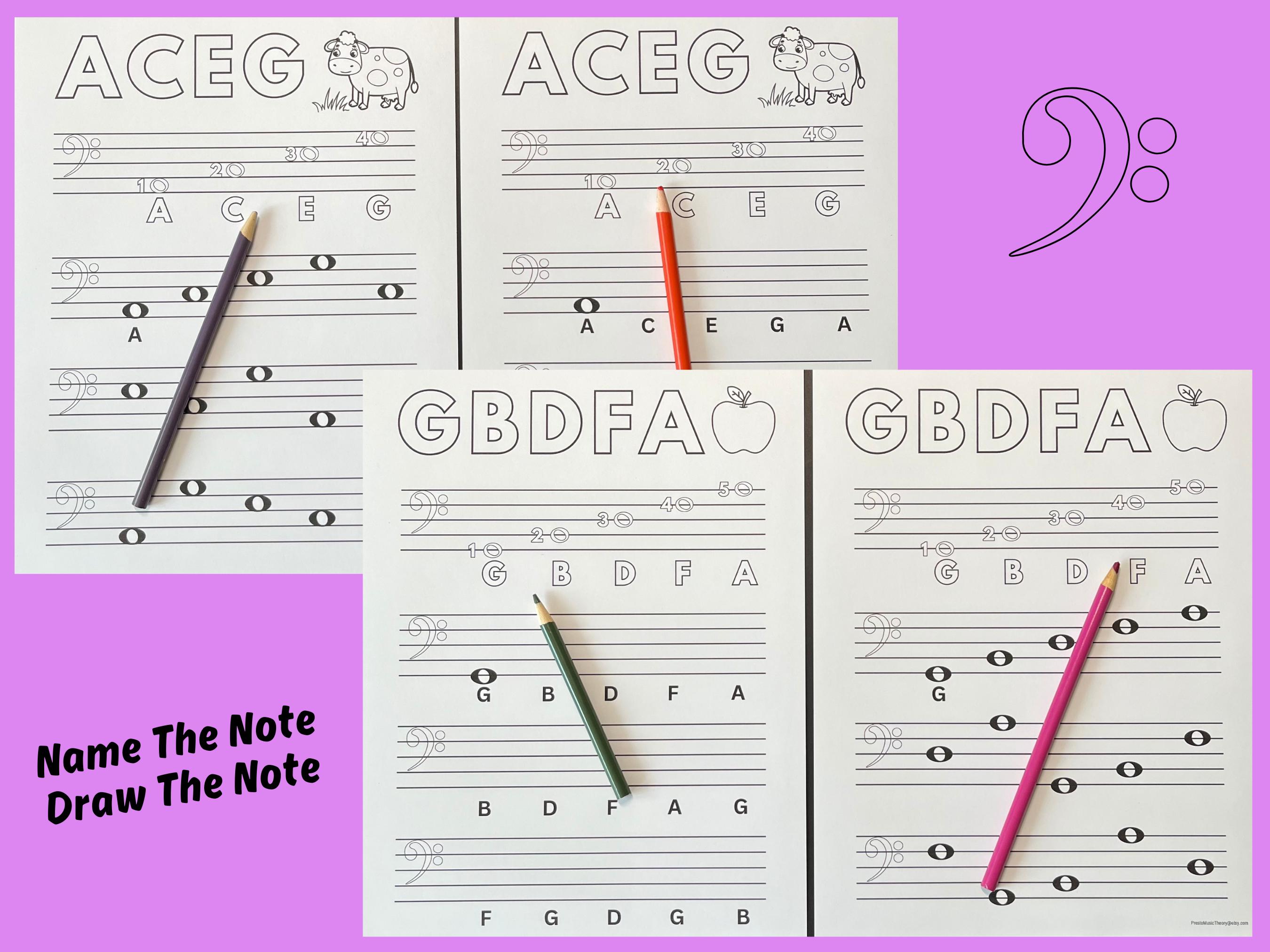 Music Note Name Worksheets to Color, Learning Treble Clef and Bass Clef ...