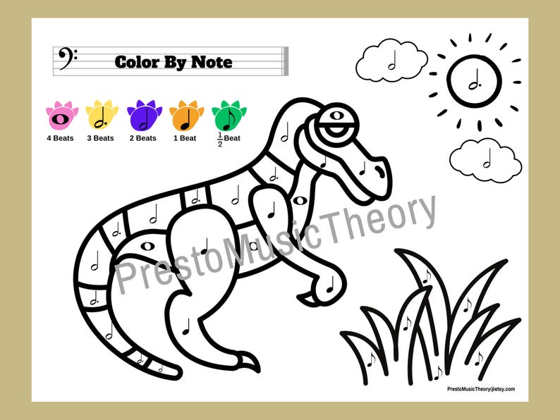 Music Color by Note, Dinosaur Color by Note, Color by Time Values, Kids ...