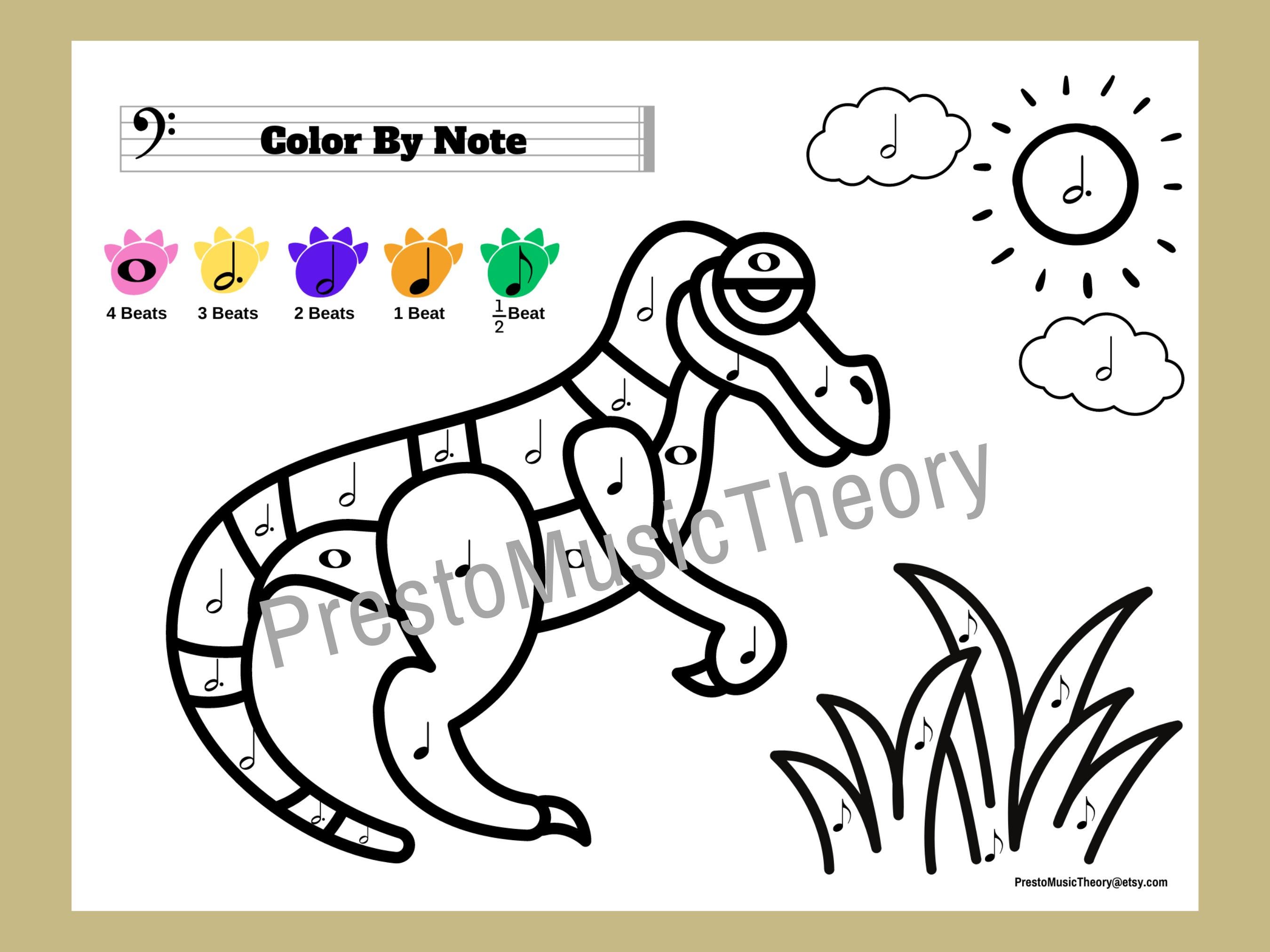 Music Color by Note, Dinosaur Color by Note, Color by Time Values, Kids ...