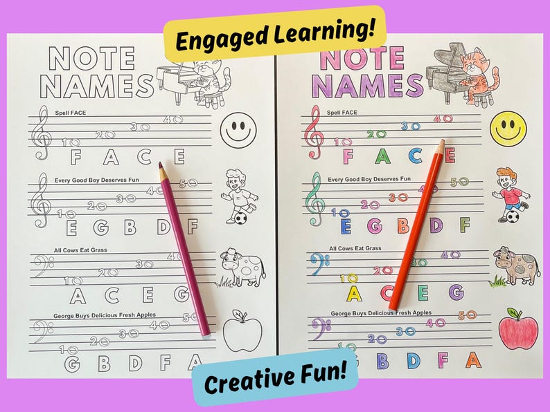 Music Note Name Worksheets to Color, Learning Treble Clef and Bass Clef ...