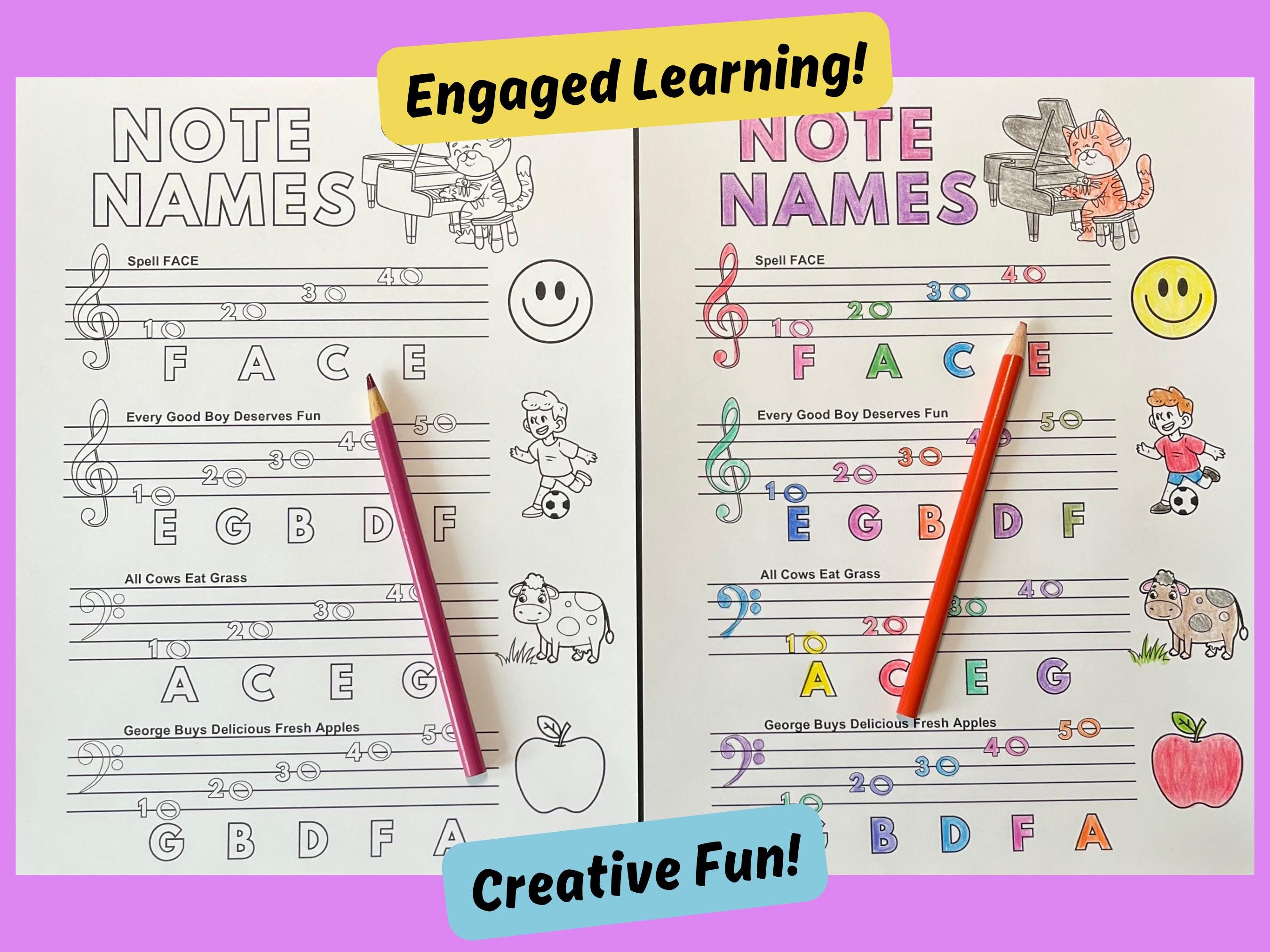 Music Note Name Worksheets to Color, Learning Treble Clef and Bass Clef ...