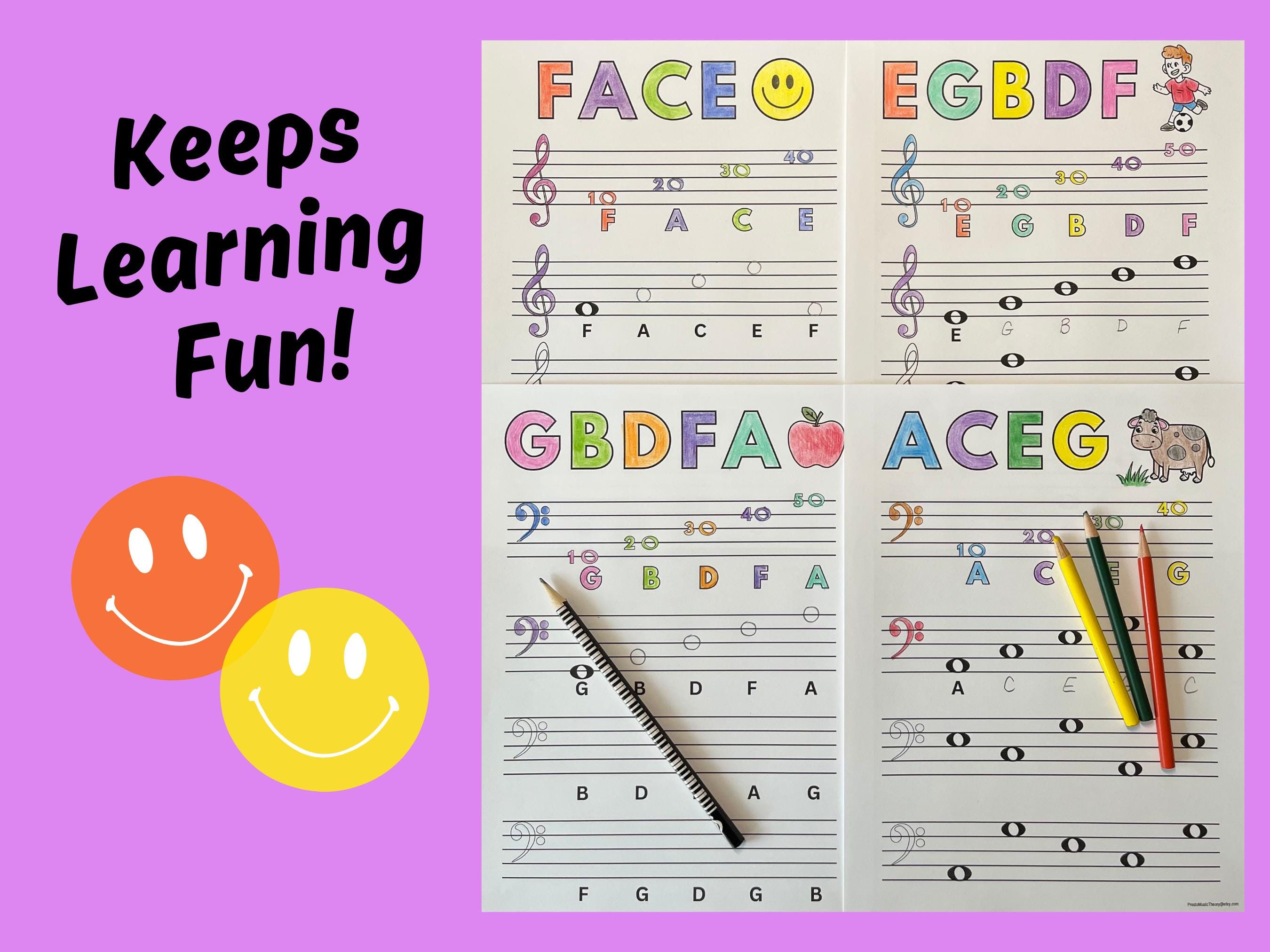 Music Note Name Worksheets to Color, Learning Treble Clef and Bass Clef ...