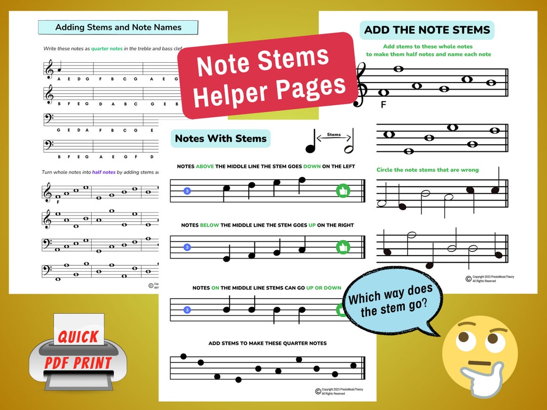 Note Stems Helper Page, Name the Note Worksheets, Adding Note Stems ...