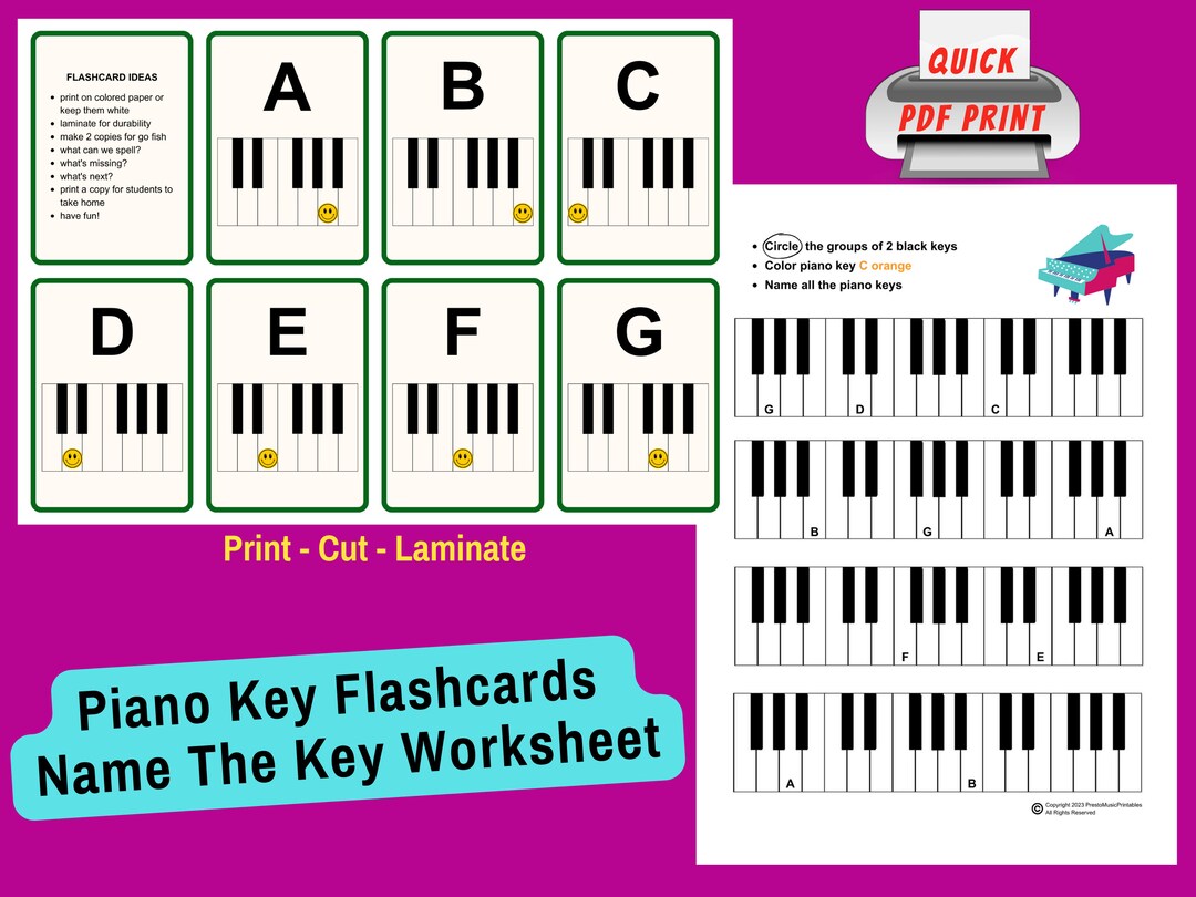 Piano Key Flashcards and Name the Piano Keys Worksheet Fun - Etsy