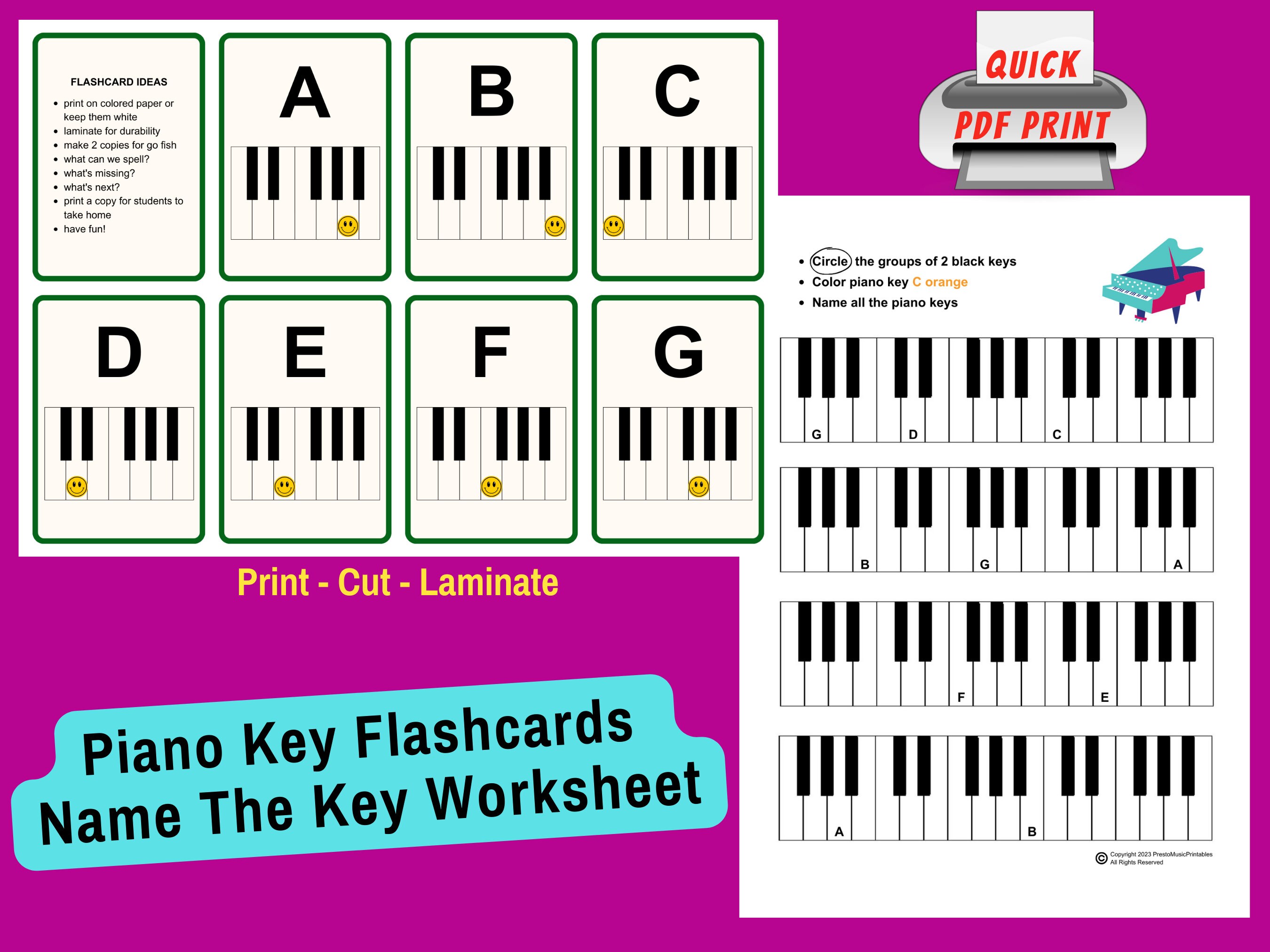 Piano Key Flashcards and Name the Piano Keys Worksheet Fun - Etsy