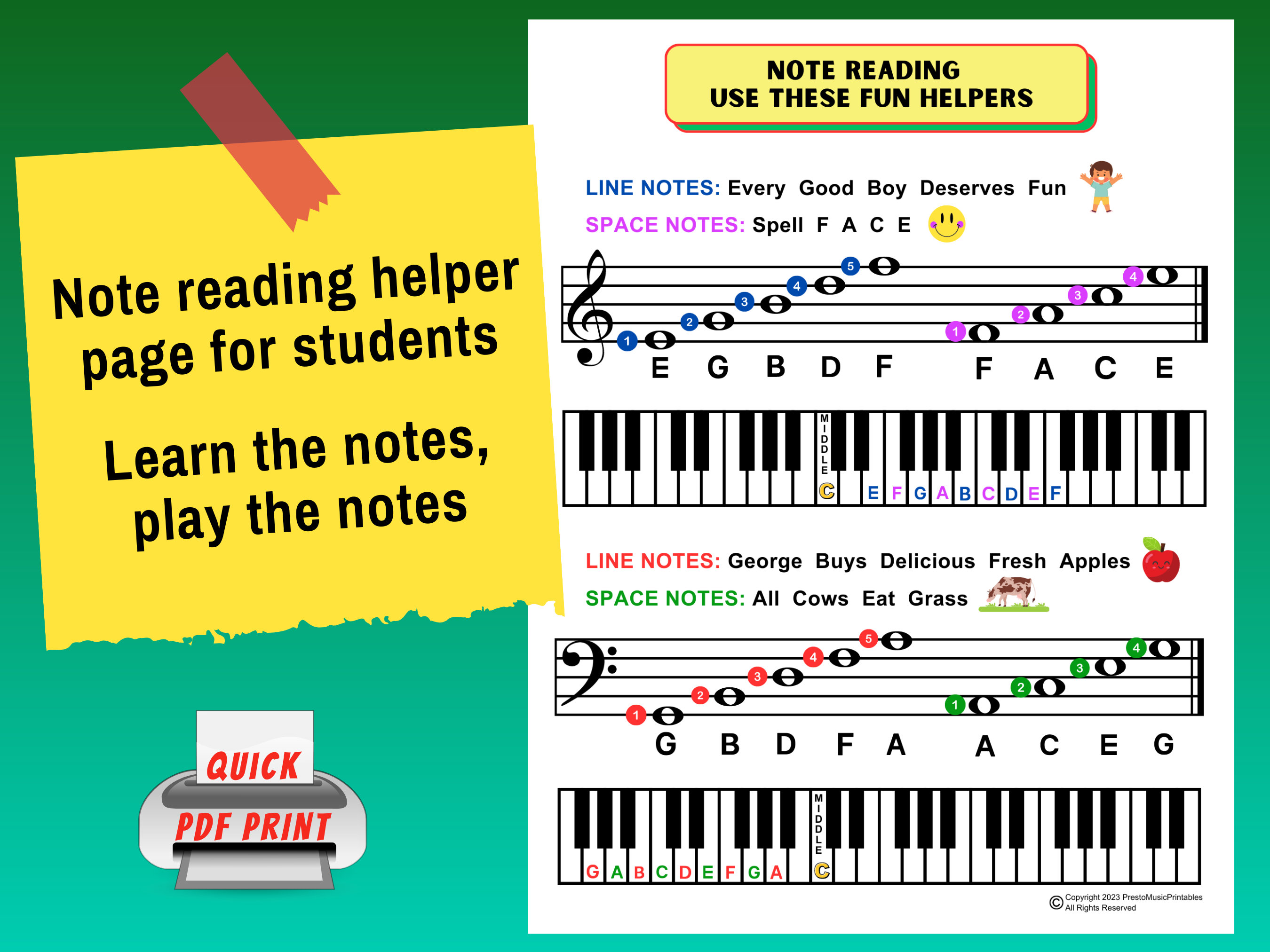 Note Reading Helper, Treble Clef and Bass Clef, Beginner Piano Lessons ...