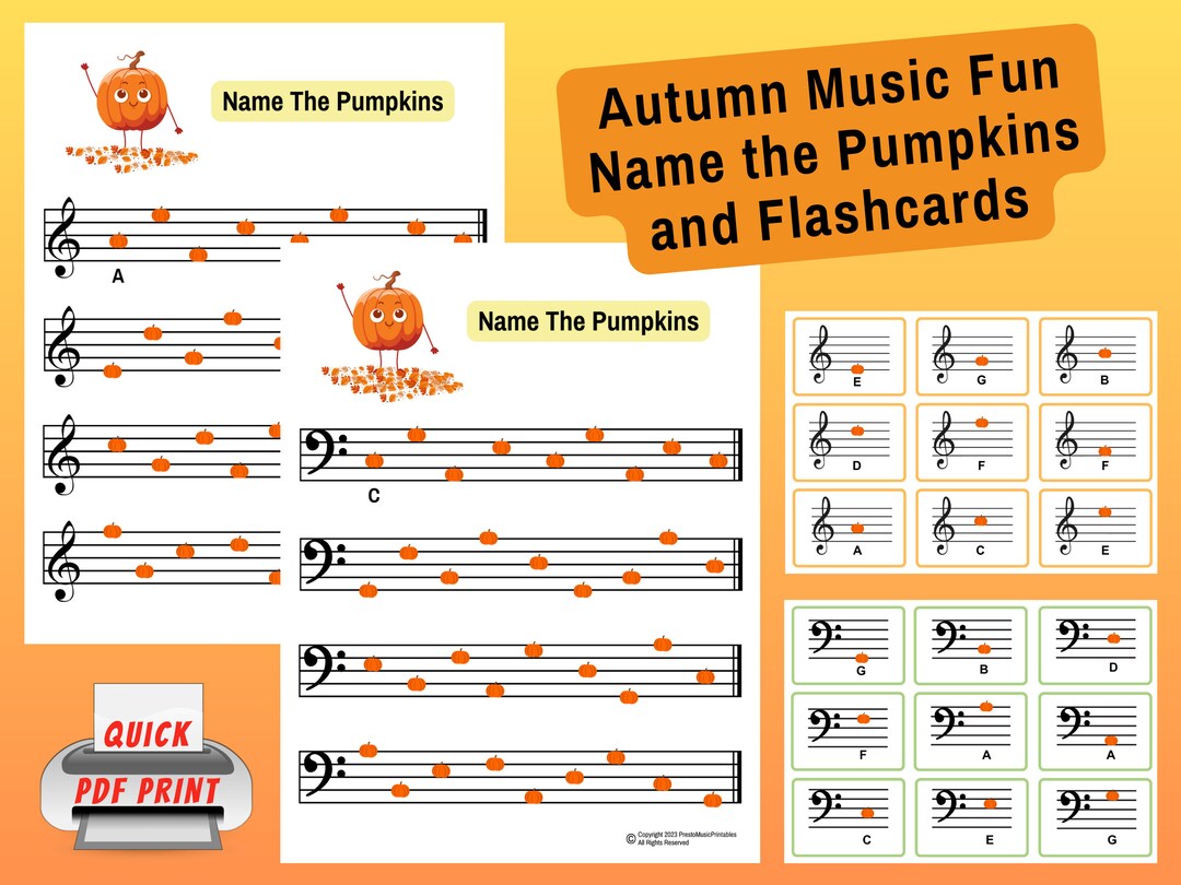Name the Pumpkins Treble and Bass Clef Notes, Autumn Music Worksheets ...