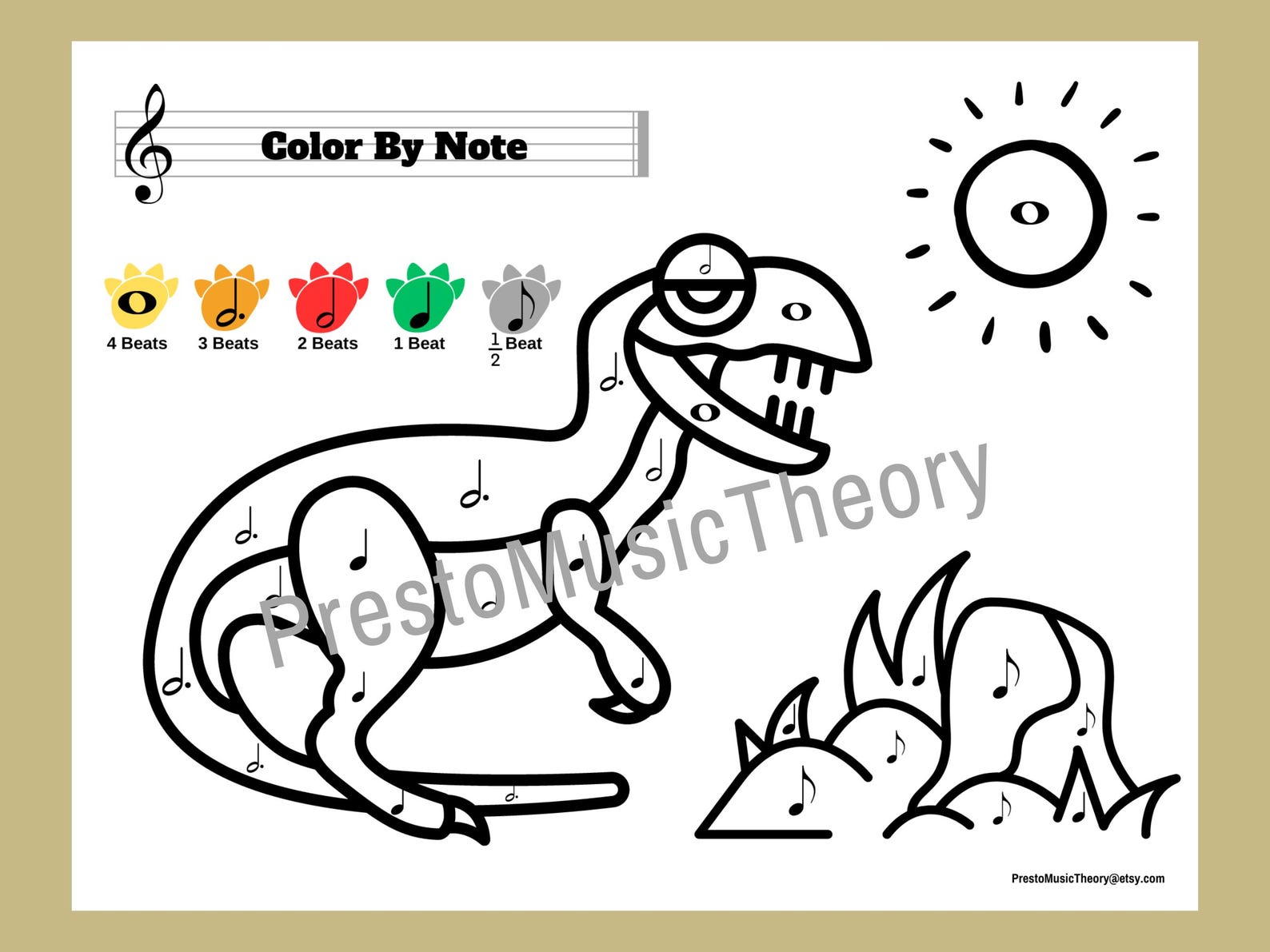 Music Color by Note, Dinosaur Color by Note, Color by Time Values, Kids ...