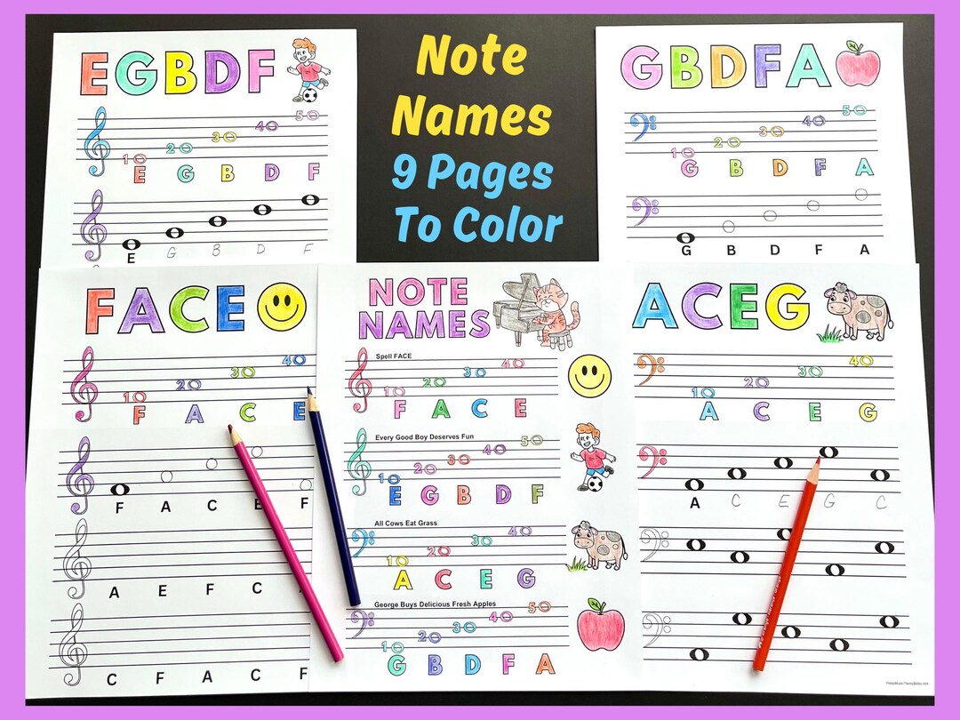 Music Note Name Worksheets to Color, Learning Treble Clef and Bass Clef ...