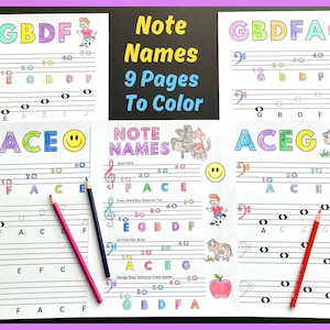 Music Note Name Worksheets to Color, Learning Treble Clef and Bass Clef ...