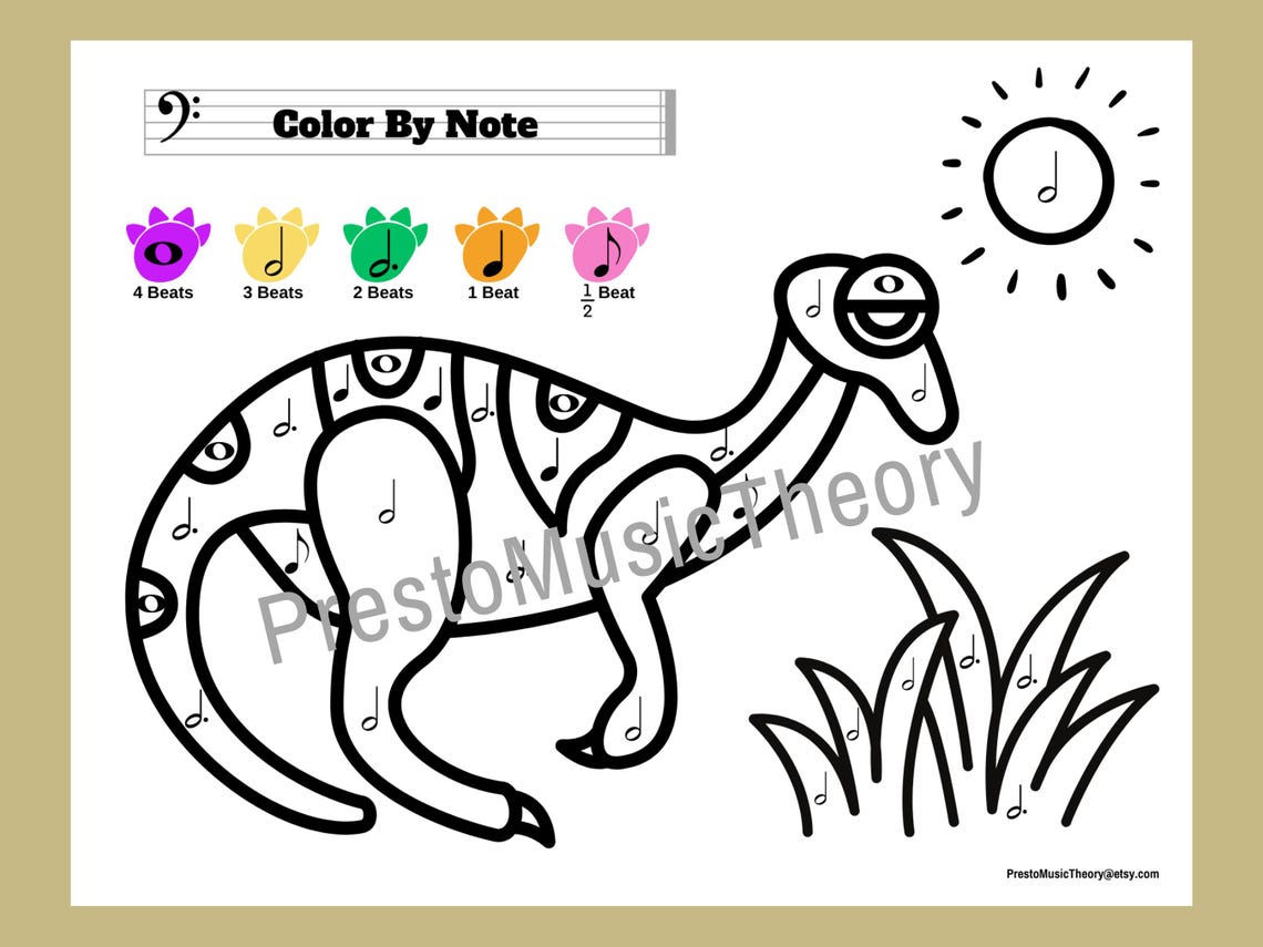 Music Color by Note, Dinosaur Color by Note, Color by Time Values, Kids ...