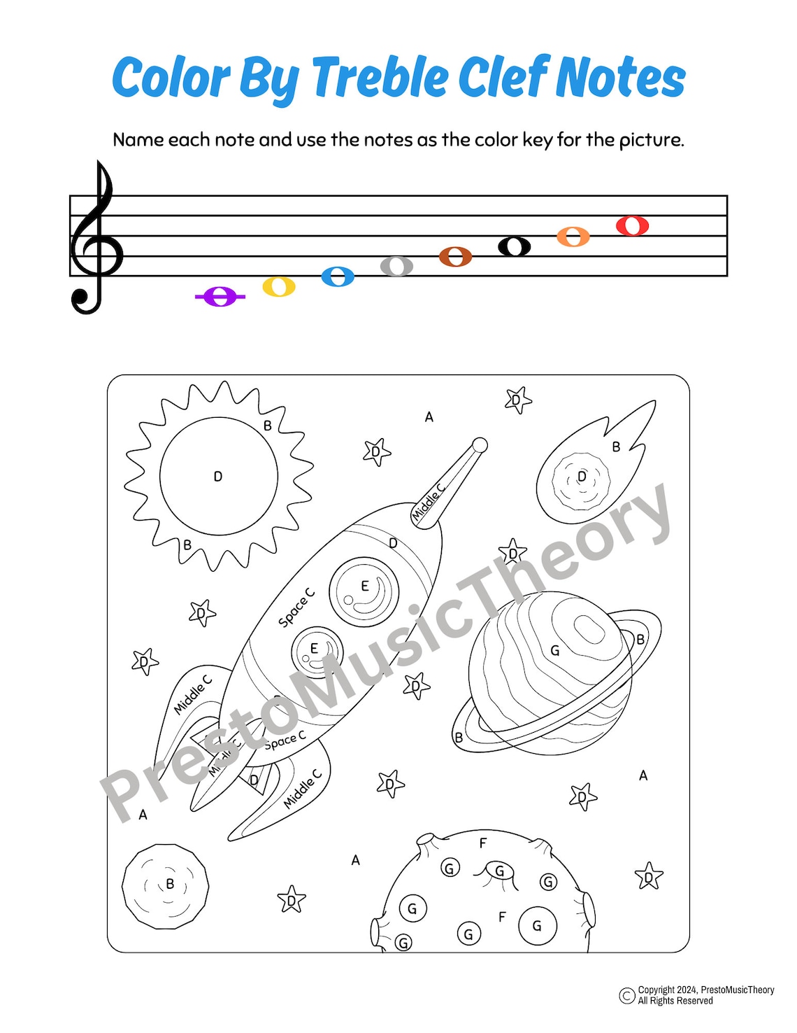 Color by Note Treble Clef and Bass Clef, Music Theory Fun, Piano Lesson ...