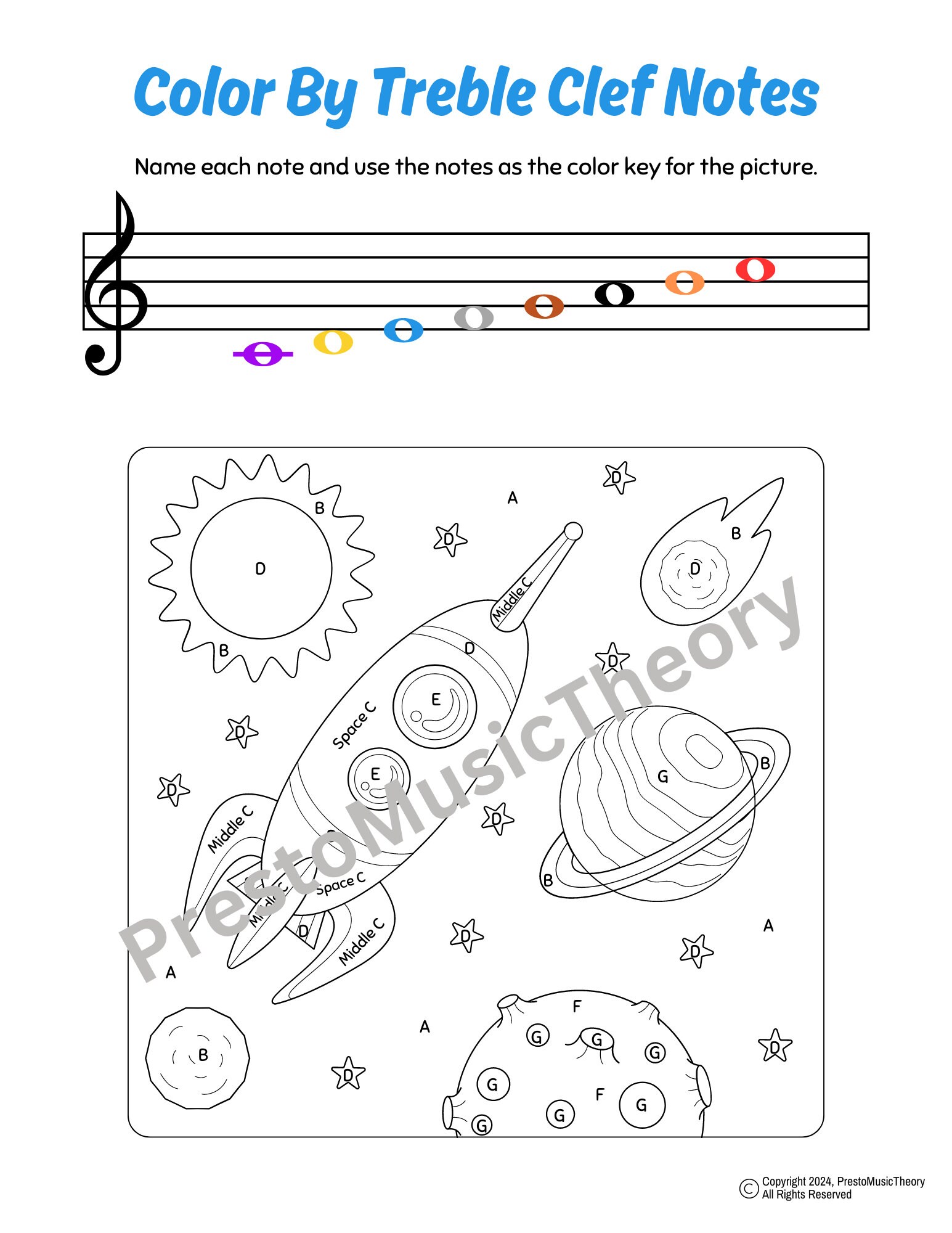 Color by Note Treble Clef and Bass Clef, Music Theory Fun, Piano Lesson ...