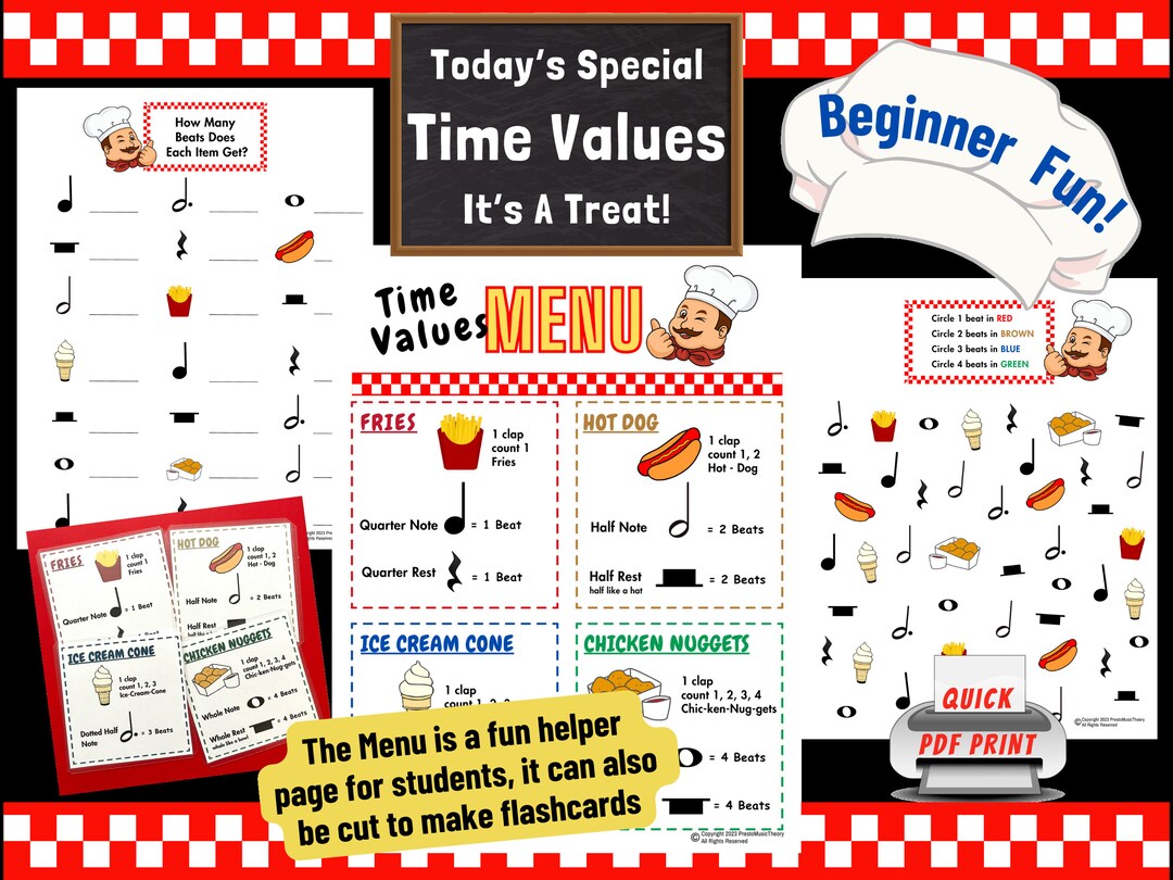 Valores de tiempo de notas musicales, menú divertido, silencios, ritmo ...