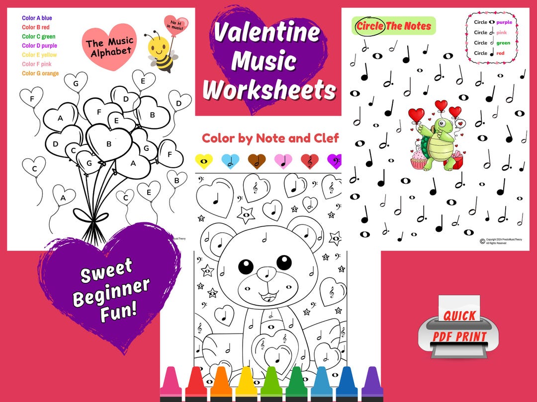 Valentine Music Worksheets, Valentine Piano Theory, Valentine Color by ...