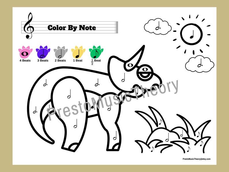 Music Color by Note, Dinosaur Color by Note, Color by Time Values, Kids ...