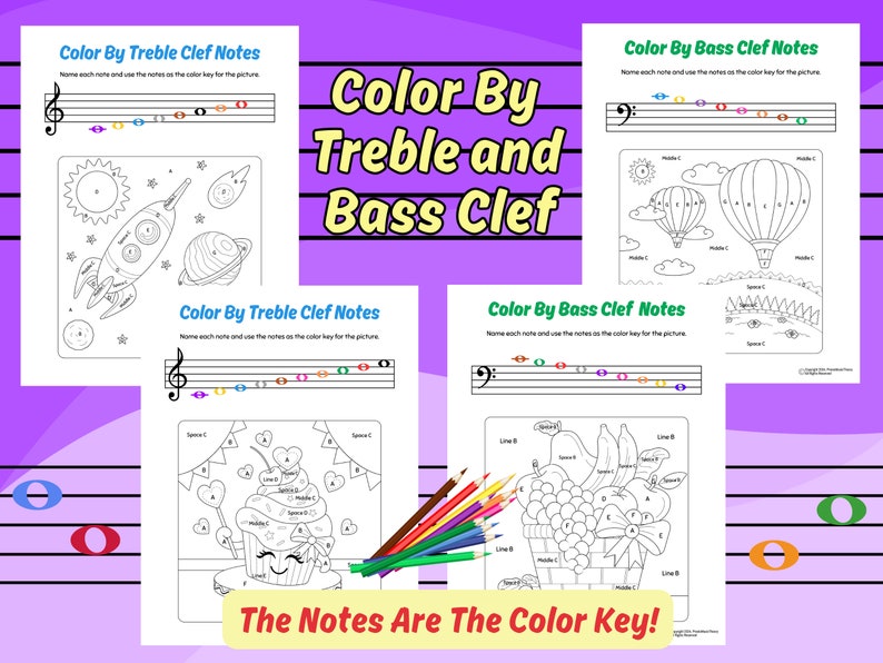 Color by Note Treble Clef and Bass Clef, Music Theory Fun, Piano Lesson ...
