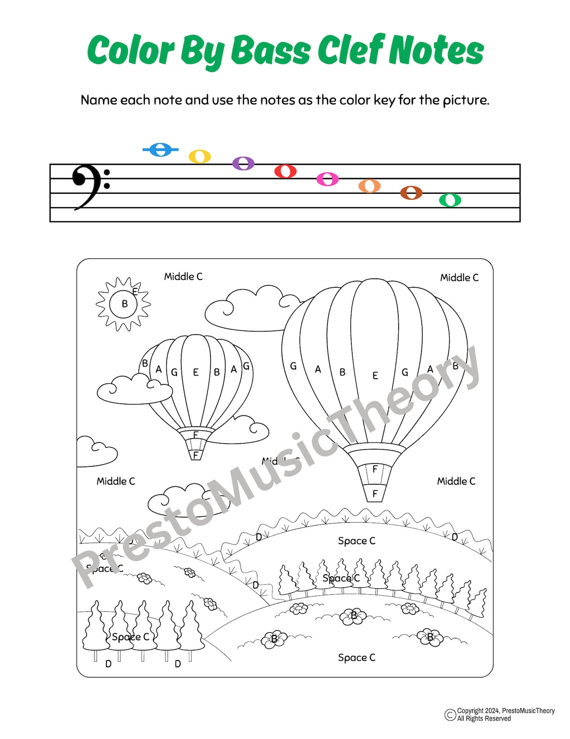 Color by Note Treble Clef and Bass Clef, Music Theory Fun, Piano Lesson ...