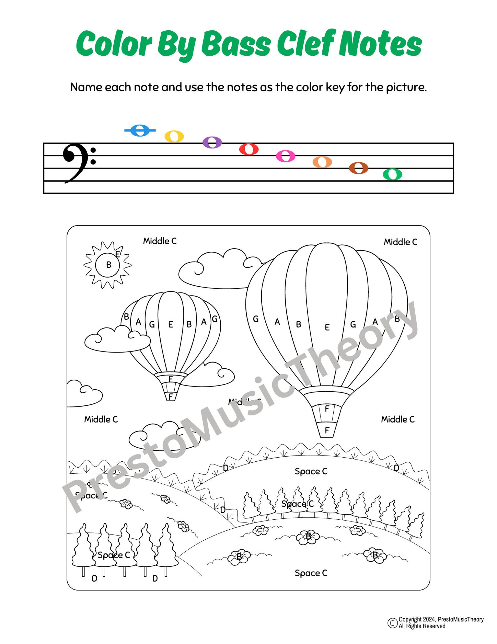 Color by Note Treble Clef and Bass Clef, Music Theory Fun, Piano Lesson ...