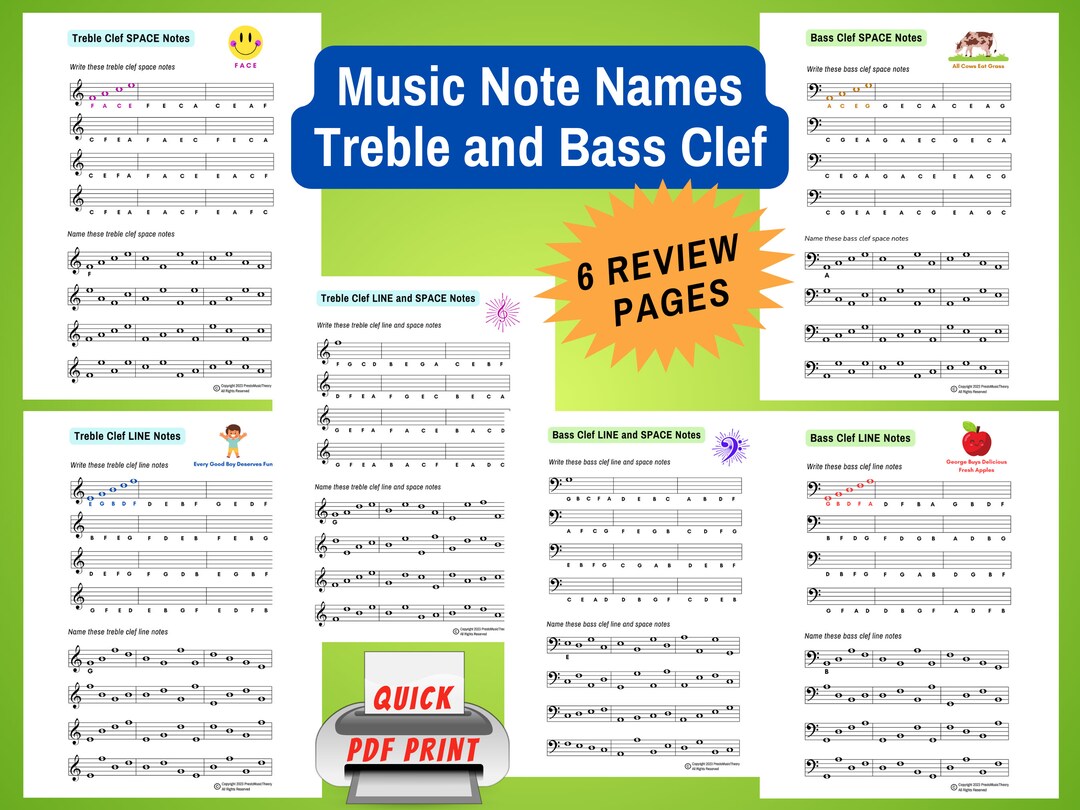 Music Note Names, Note Reading, Treble and Bass Clef Lines and Spaces ...