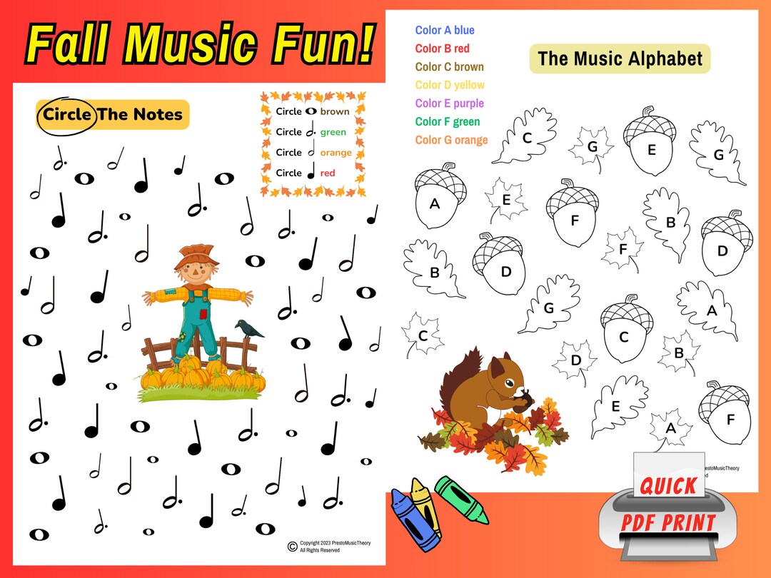 Fall Theme Music Alphabet and Time Values - Music Theory Printable ...