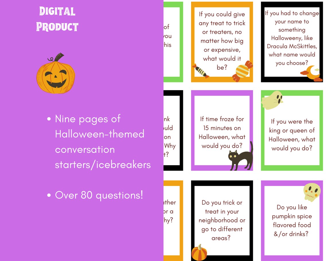 Printable Halloween Conversation Cards / Icebreakers - Fun Seasonal ...