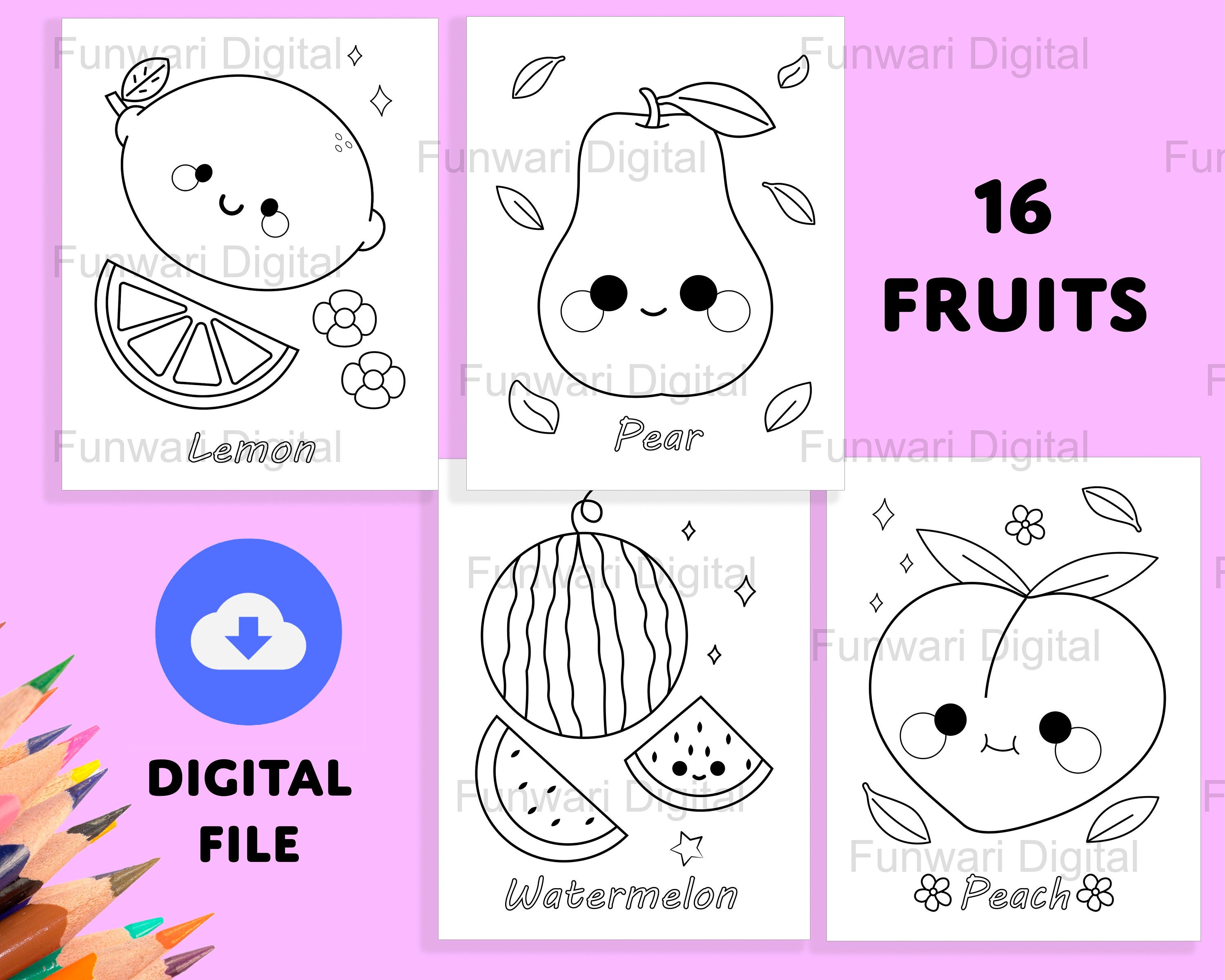 Cute Fruits Printable Coloring Pages Coloring Worksheets for - Etsy