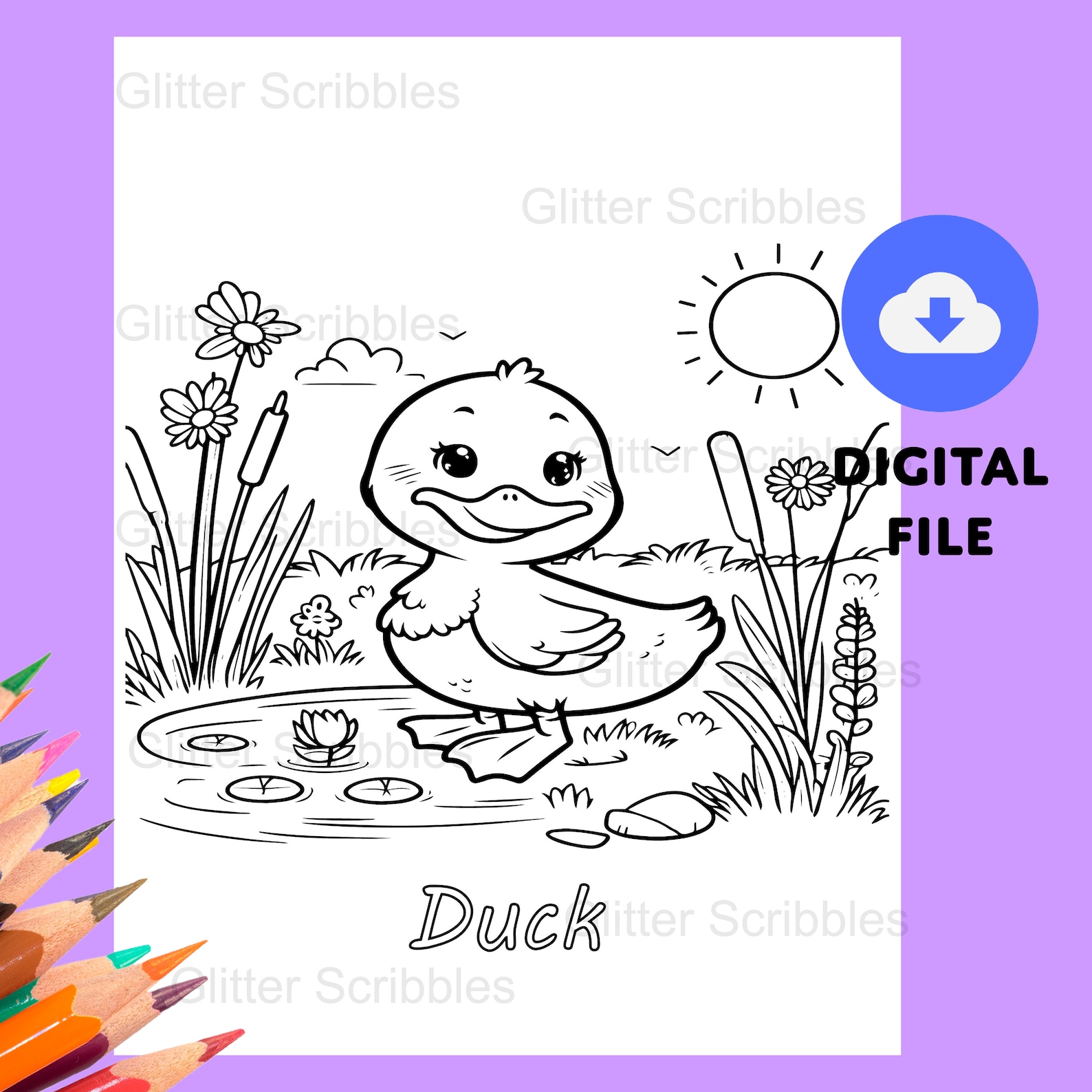 Cute Duck Coloring Page, Animal Worksheets, Printable, Digital File ...
