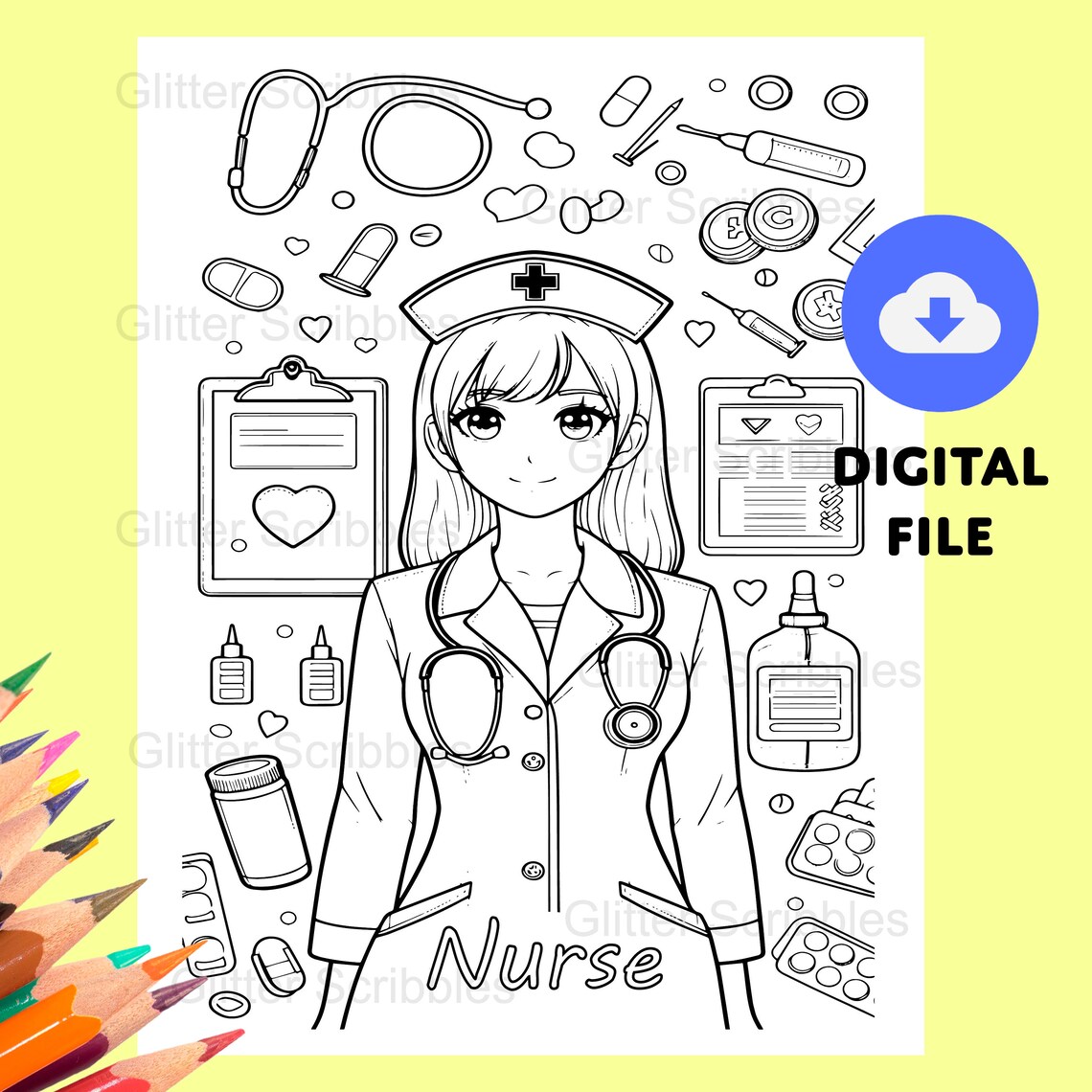 Nurse Coloring Page, Professions, Anime Style, Printable, Digital File ...