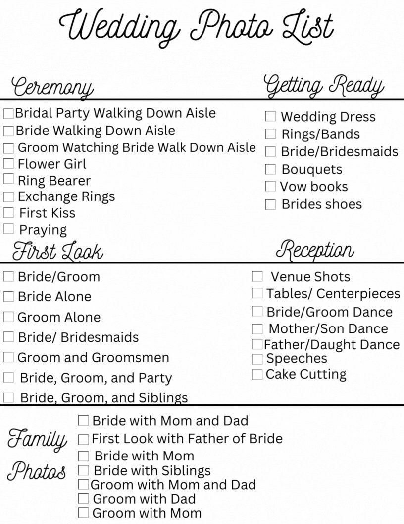 Wedding Photo List Wedding Photo Printable Wedding Checklist Wedding ...