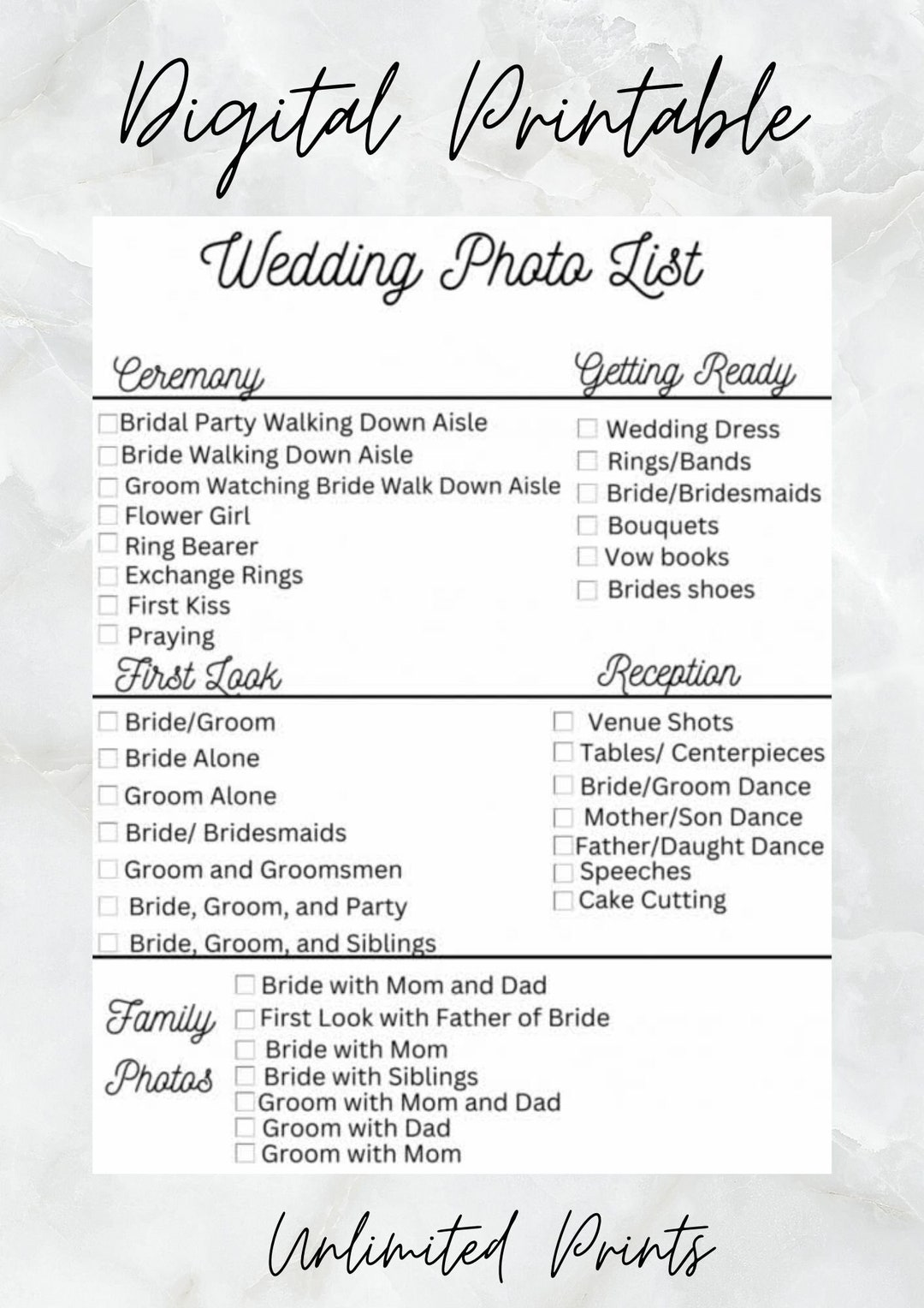 Wedding Photo List Wedding Photo Printable Wedding Checklist Wedding ...