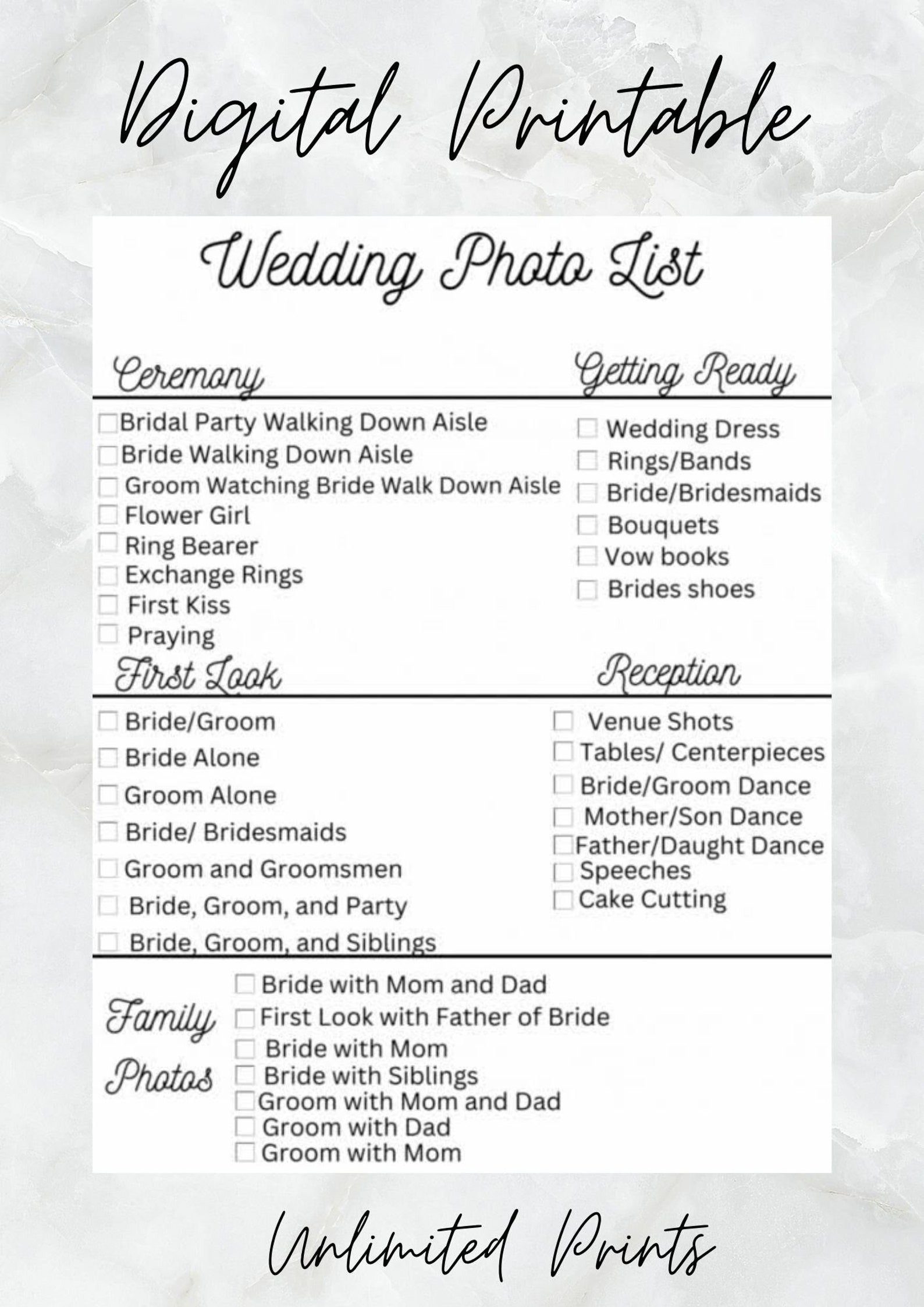 Wedding Photo List Wedding Photo Printable Wedding Checklist Wedding ...