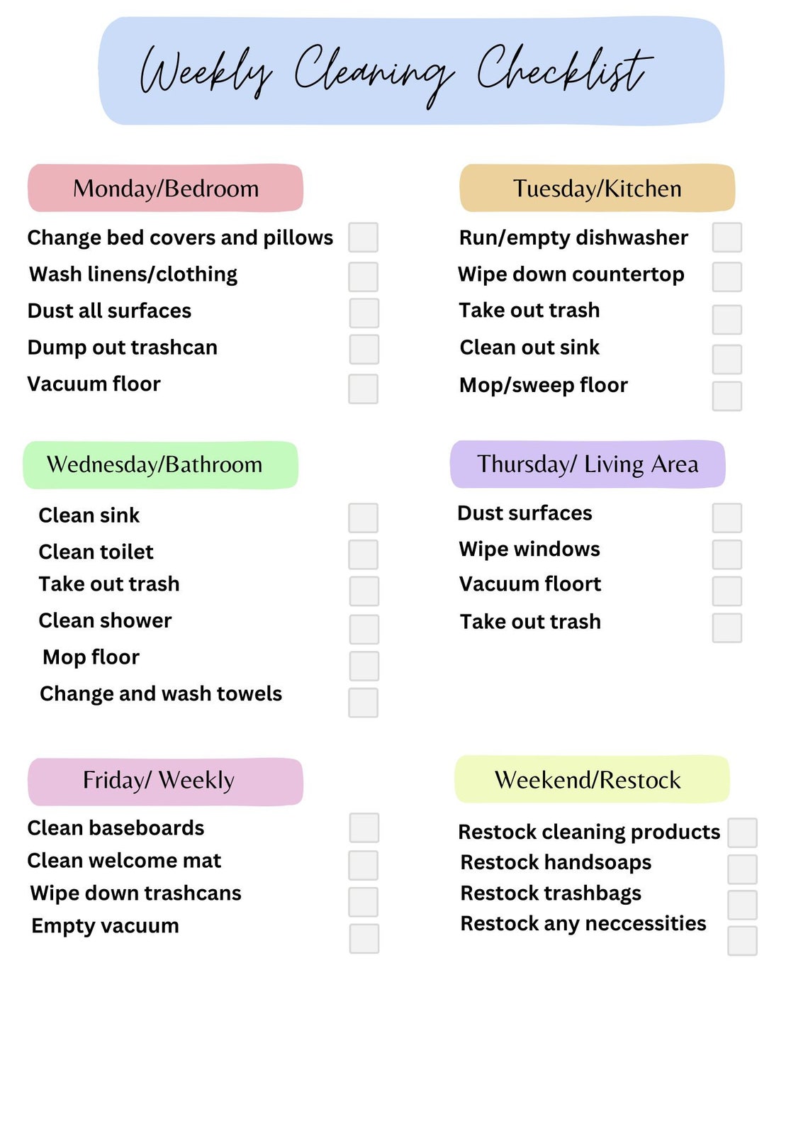 Cleaning Checklist Cleaning Schedule Weekly Checklist Day - Etsy